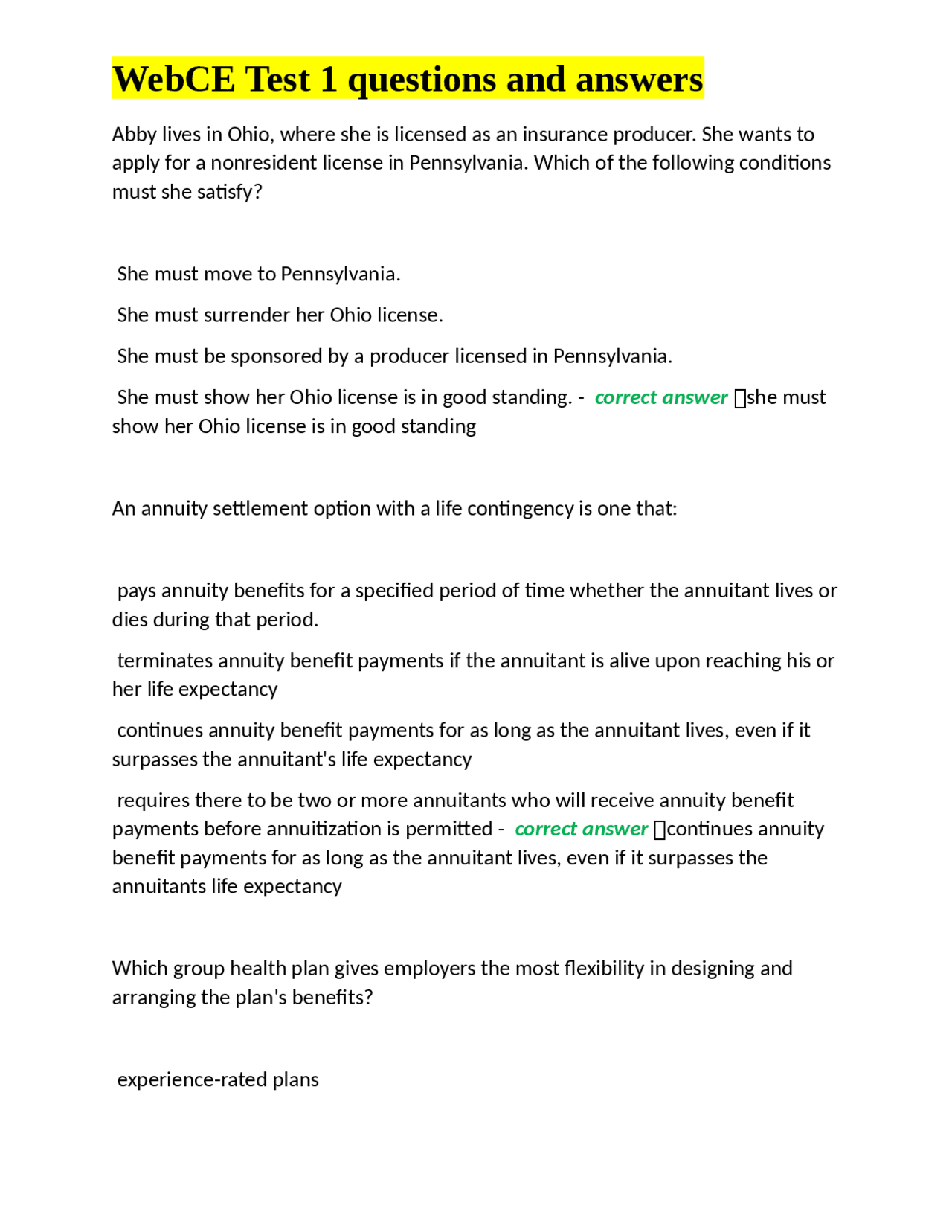 WebCE Test 1 Questions and Answers: Insurance Principles and Practices ...