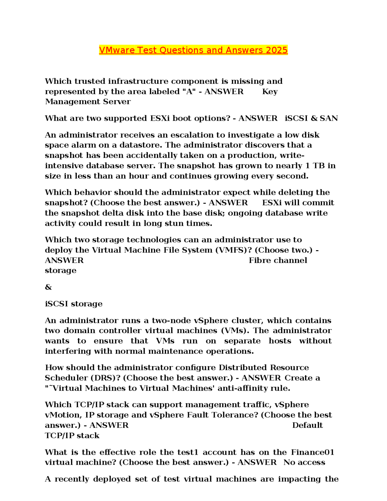 VMware Test Questions and Answers 2025 | Exams Nursing | Docsity