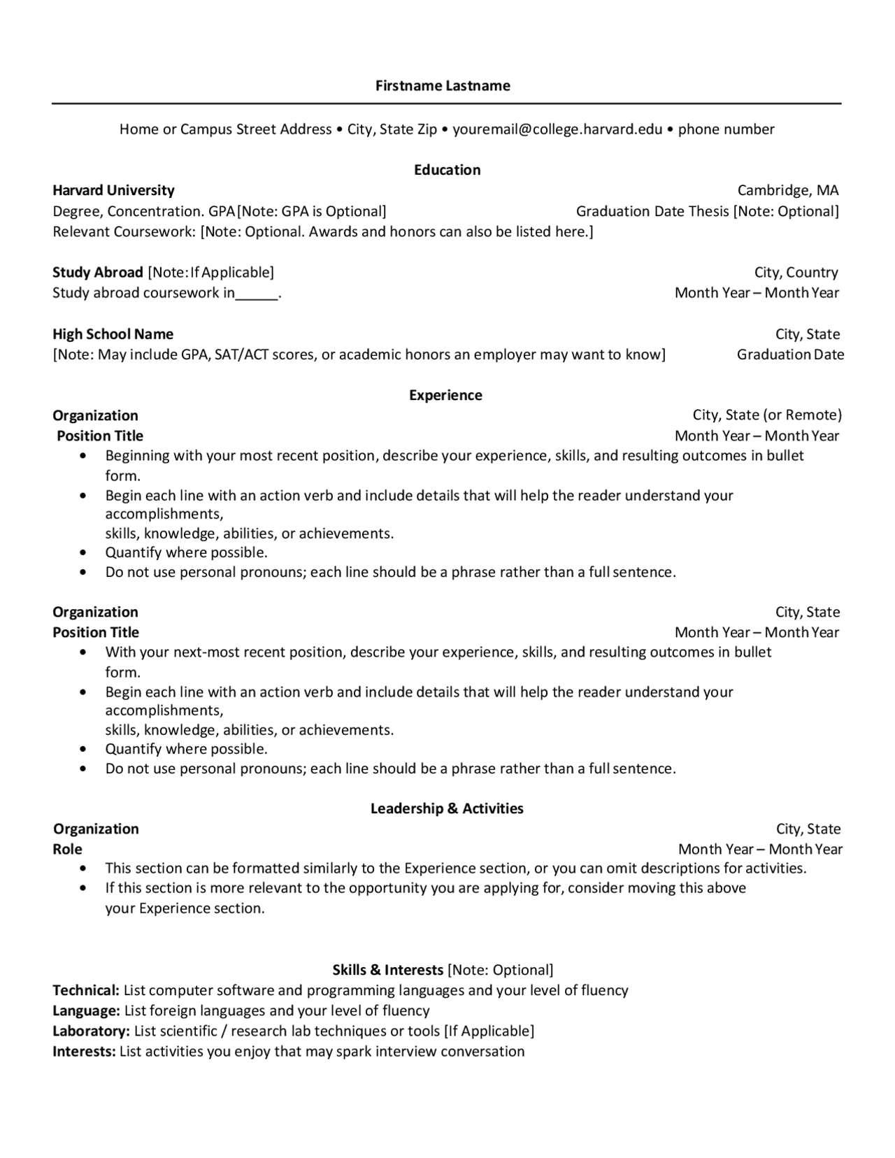 Resume Template Based on Harvard | Cheat Sheet Mathematics | Docsity