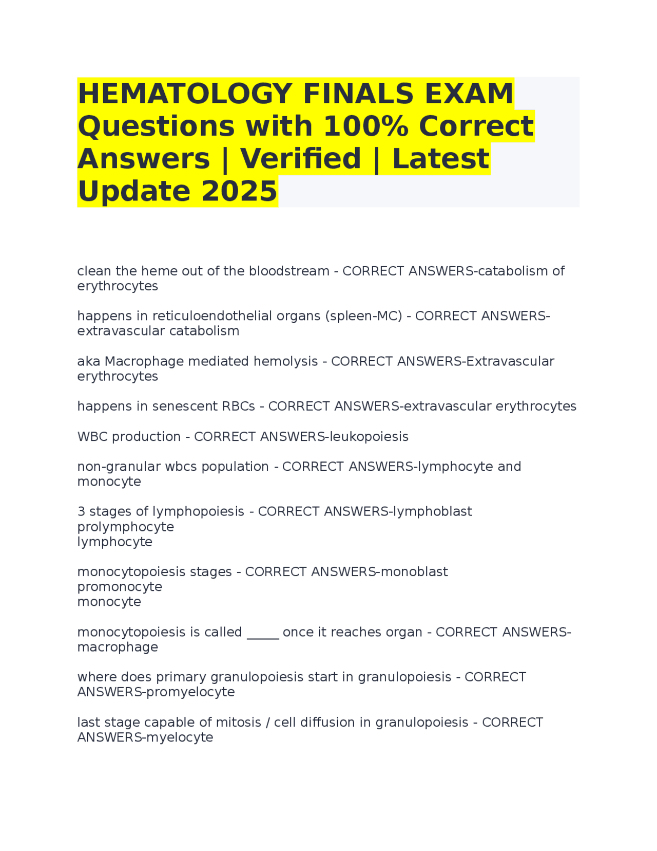 HEMATOLOGY FINALS EXAM Questions with 100% Correct Answers | Verified ...