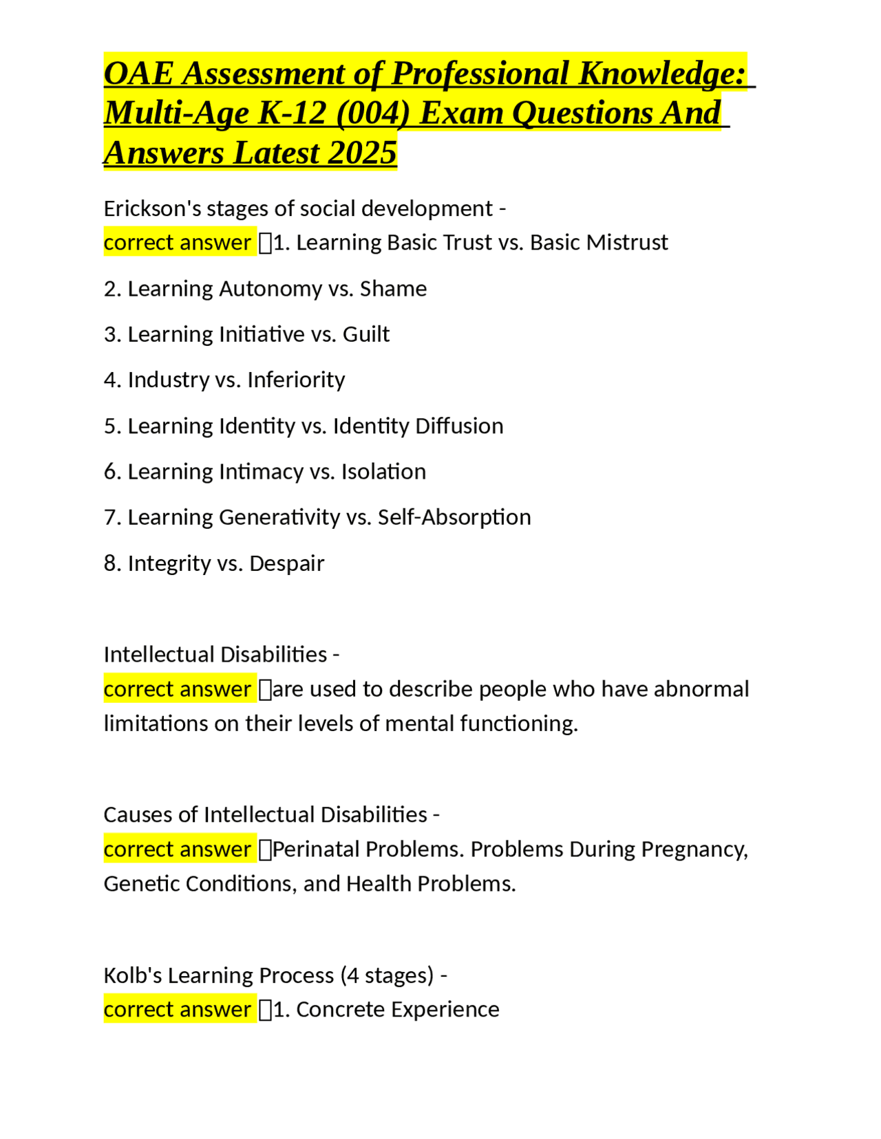 OAE Assessment of Professional Knowledge: Multi-Age K-12 (004) Exam ...