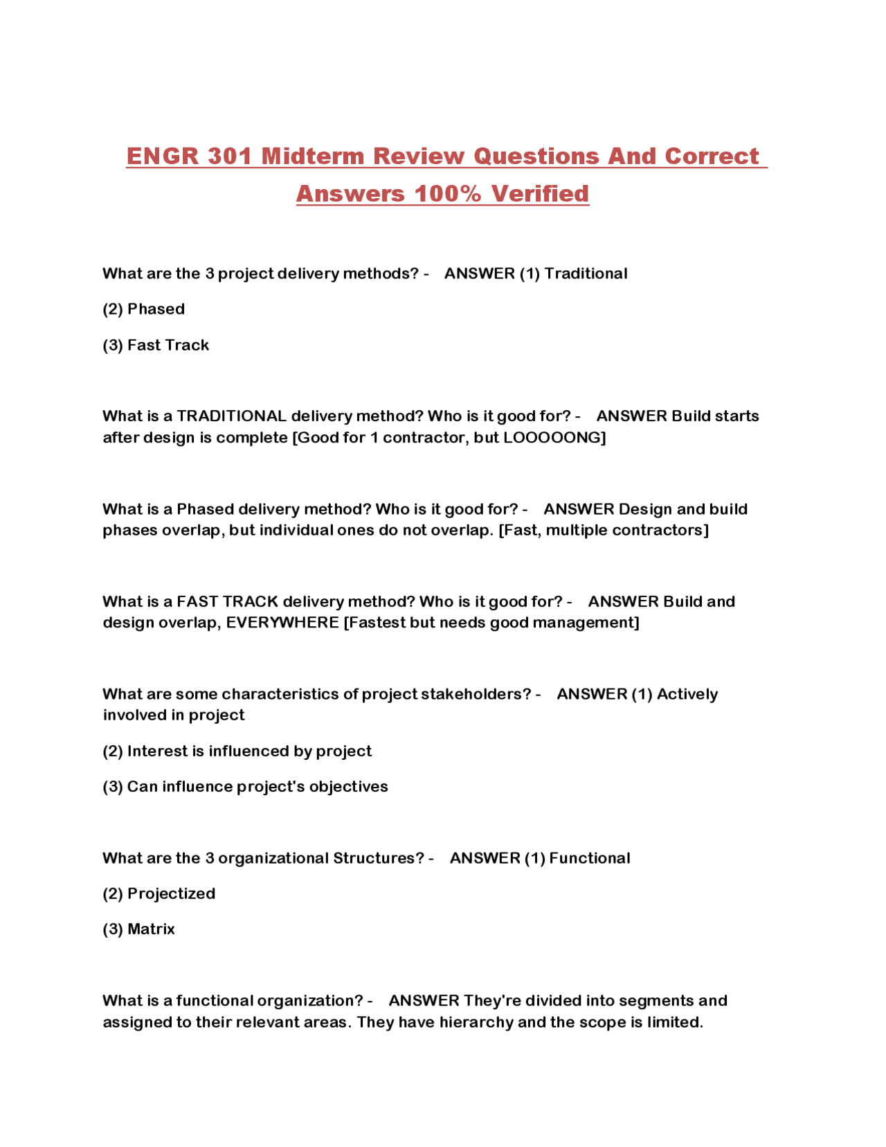 ENGR 301 Midterm Review Questions and Answers: Project Management Fundamentals | Exams Advanced ...