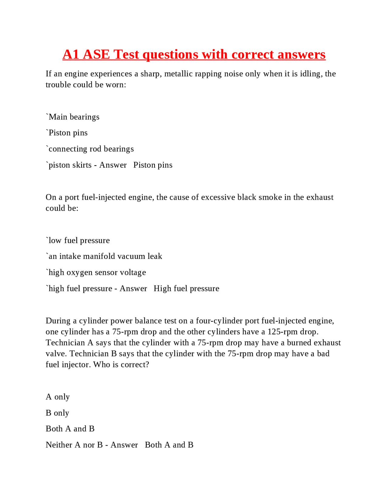 A1 ASE Test Questions and Answers: Engine Diagnostics and Repair ...
