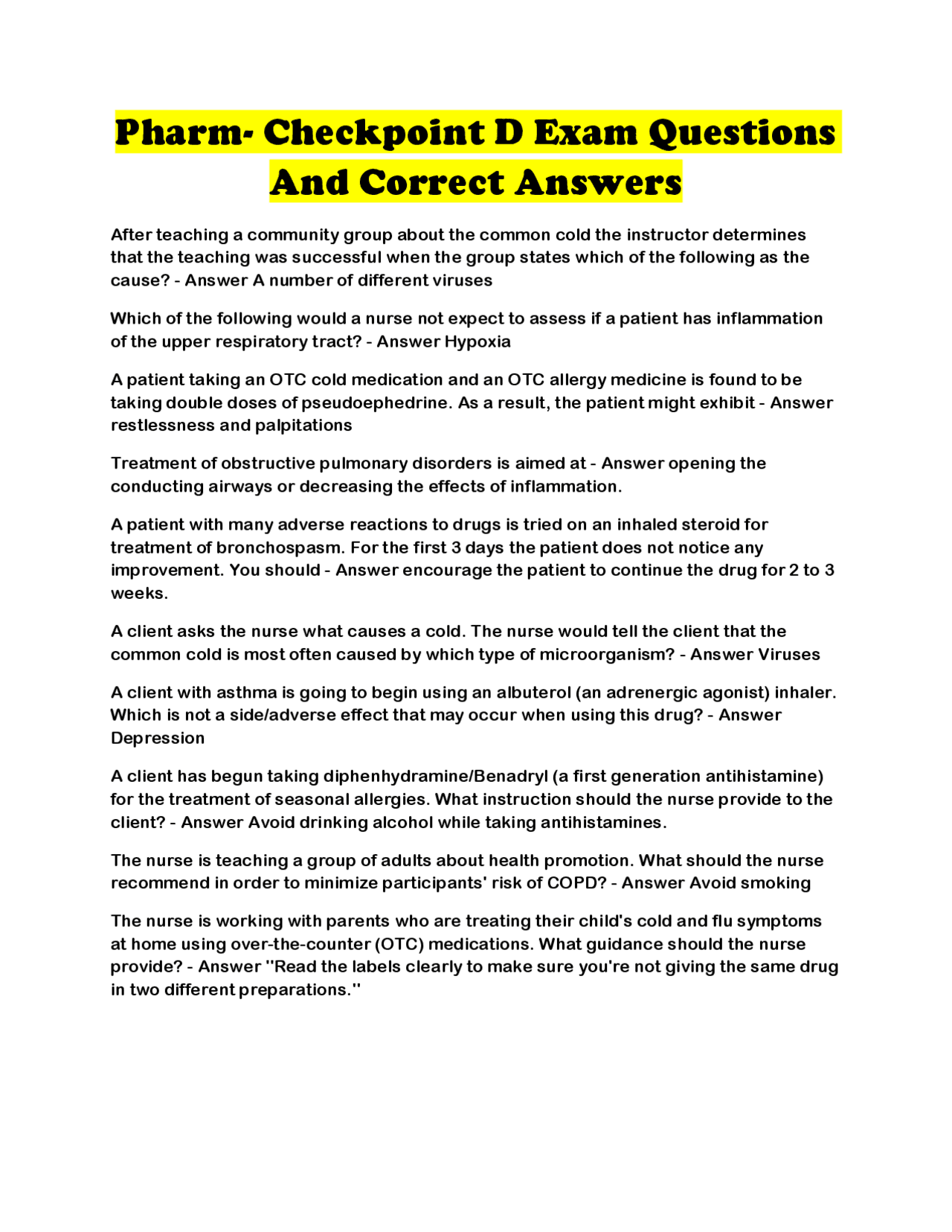 Pharm- Checkpoint D Exam: Cold & Respiratory Disorders Review | Exams ...