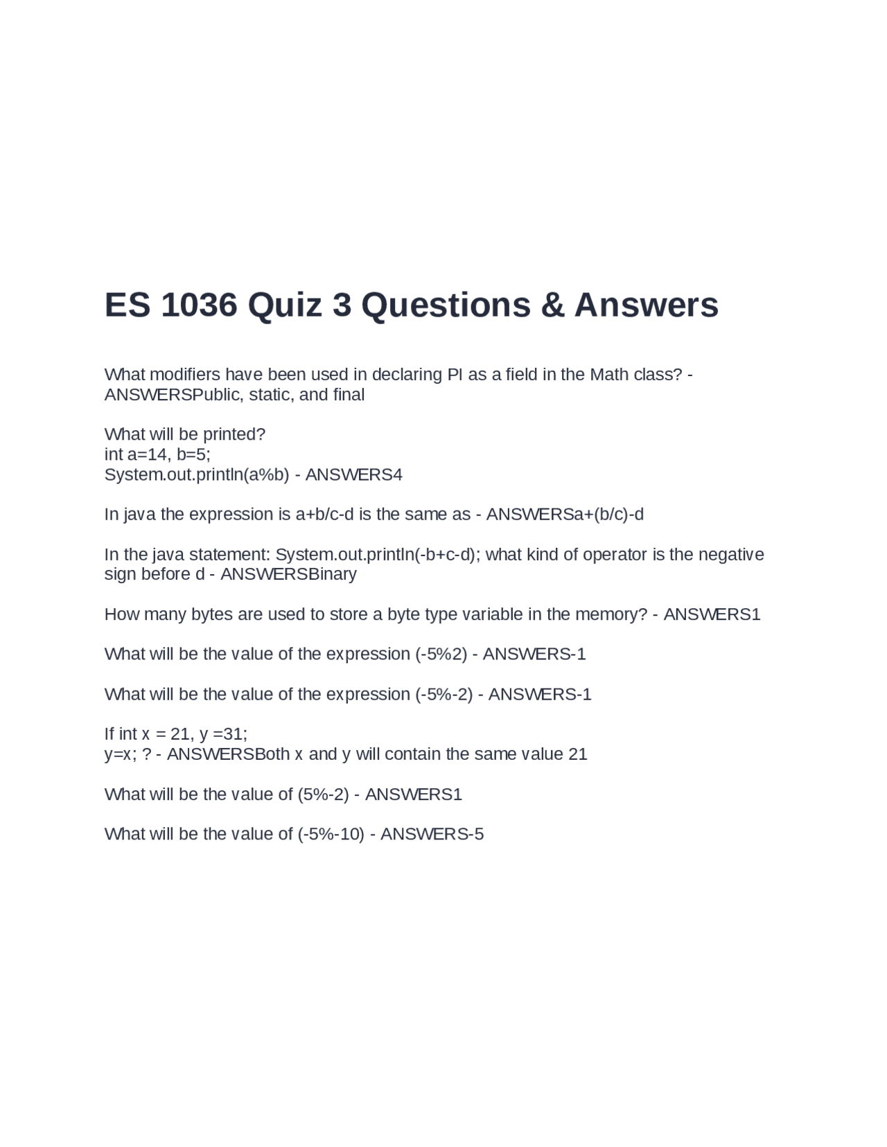 ES 1036 Quiz 3: Java Programming Fundamentals | Exams Nursing | Docsity