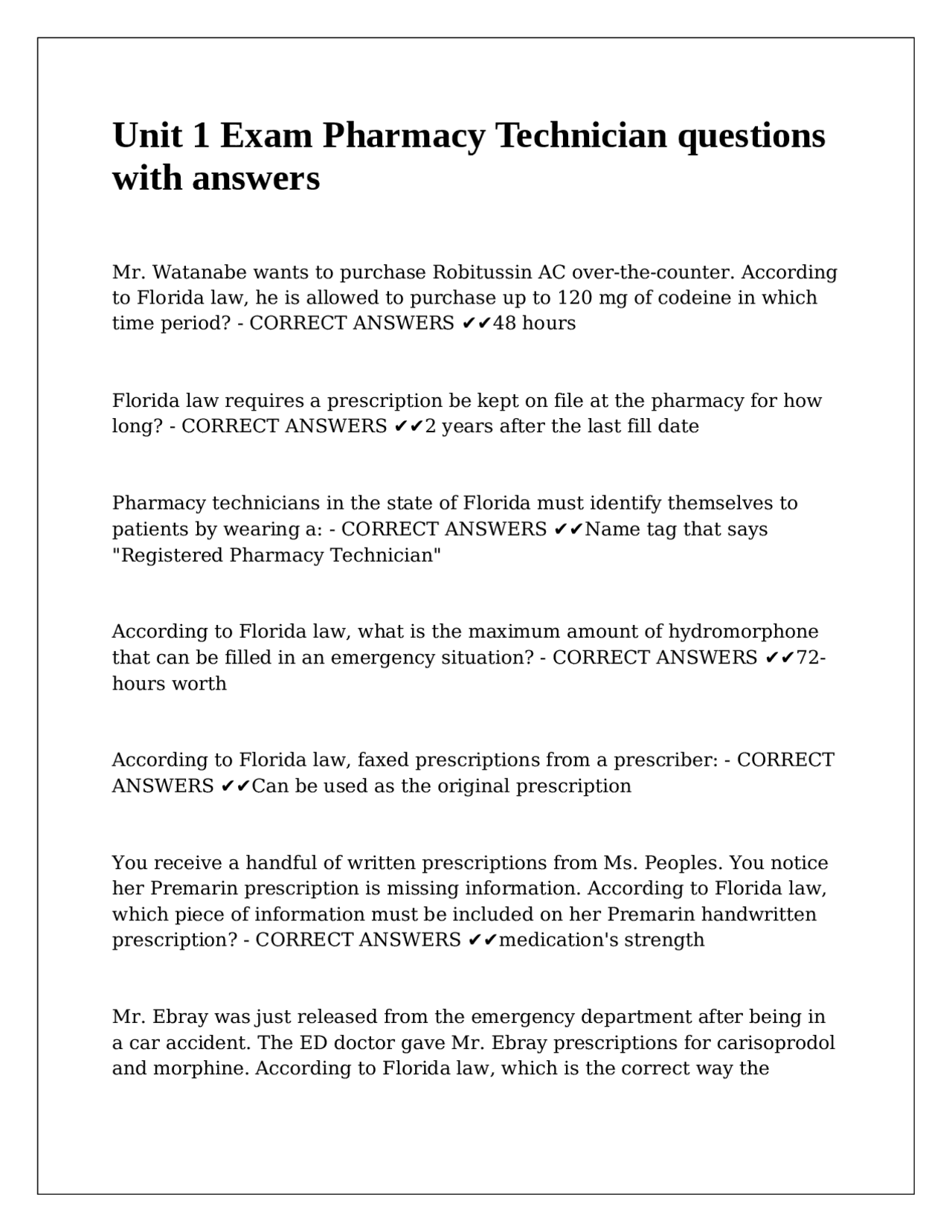 Unit 1 Exam Pharmacy Technician questions with answers | Exams Pharmacy ...