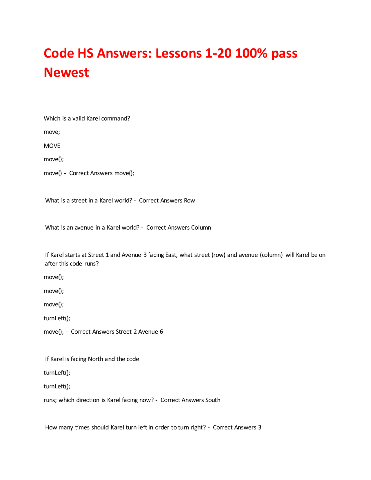 Code Hs Answers Lessons 1 20 Karel Programming Exercises And Solutions Exams Software