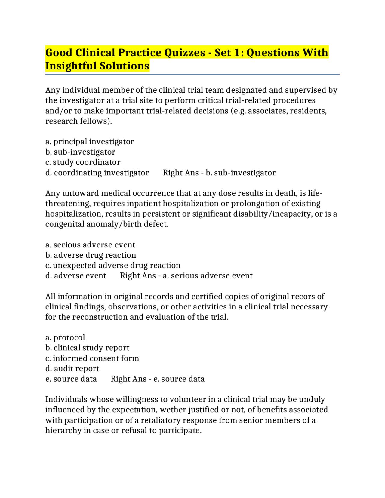 Good Clinical Practice Quizzes - Set 1: Questions With Insightful ...