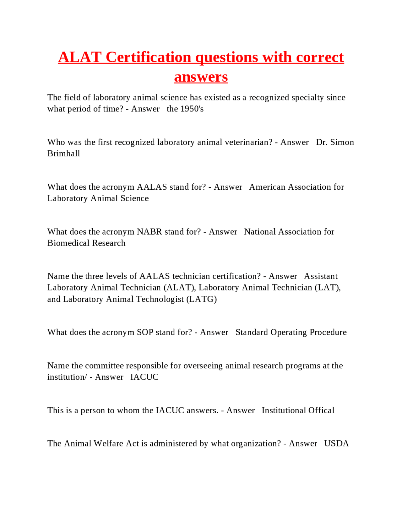 ALAT Certification Questions and Answers: A Guide to Laboratory Animal ...