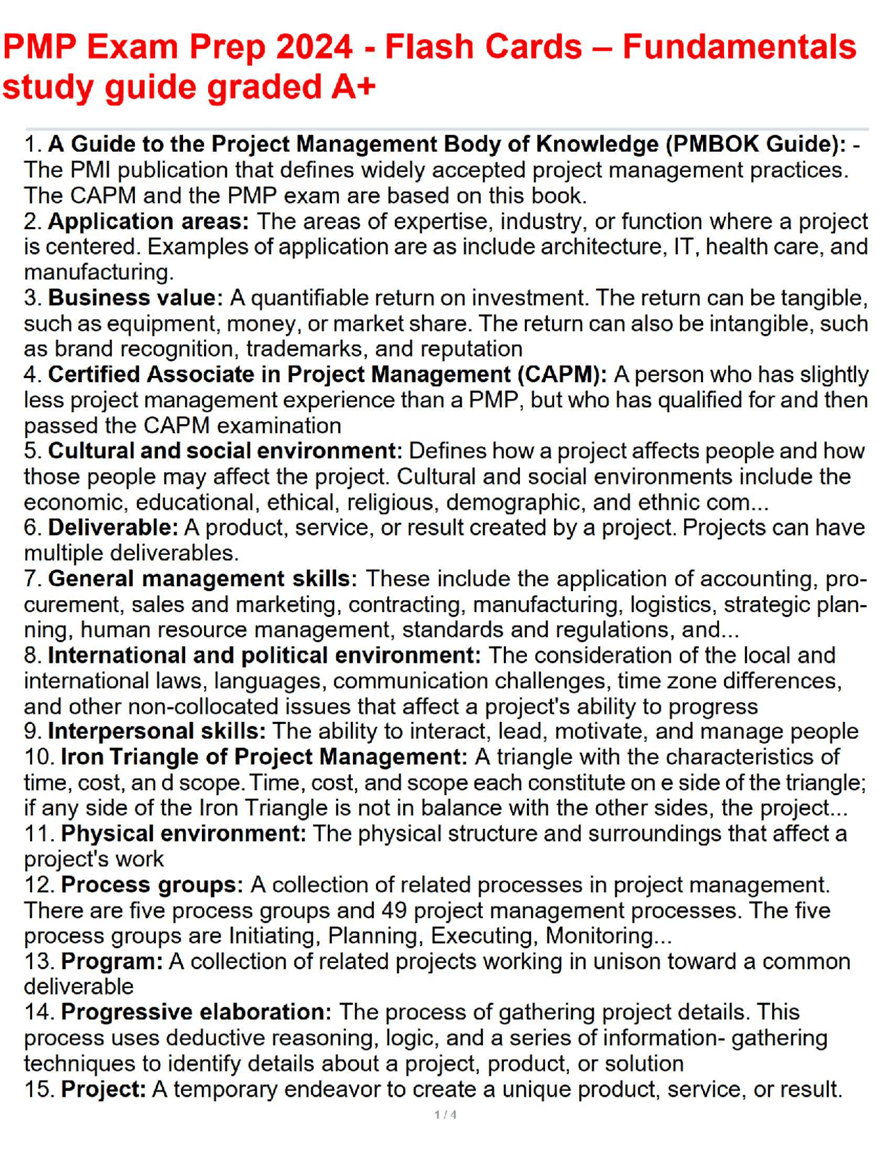 PMP Exam Prep 2024 - Flash Cards – Fundamentals study guide graded A+ ...