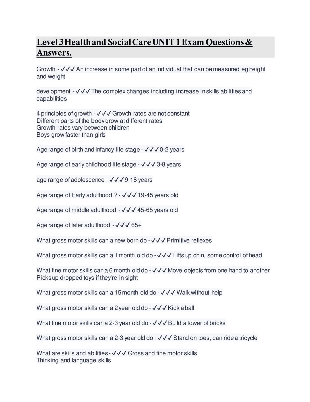 Level 3 Health and Social Care UNIT 1 Exam Questions & Answers. | Exams ...