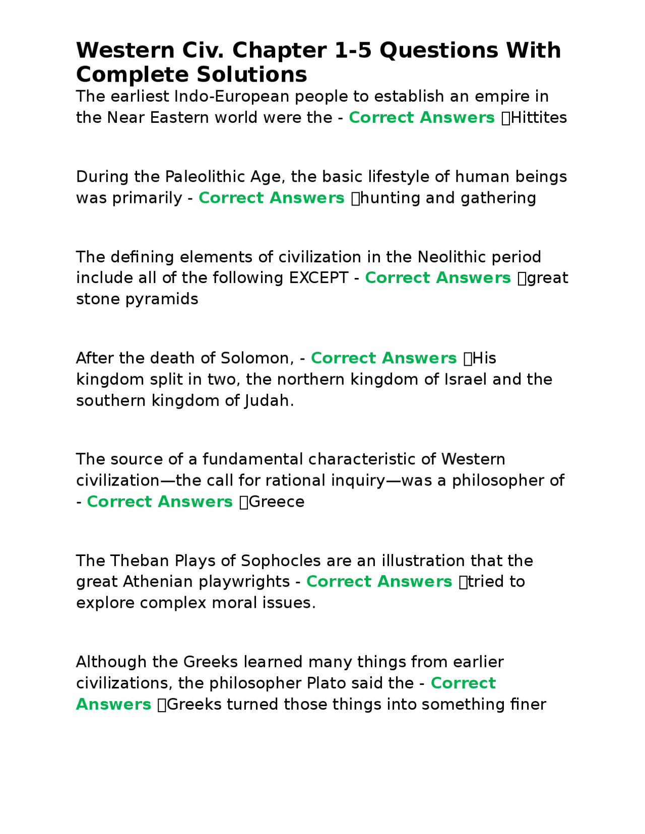 Western Civilization Chapter 1-5: Multiple Choice Questions and Answers ...