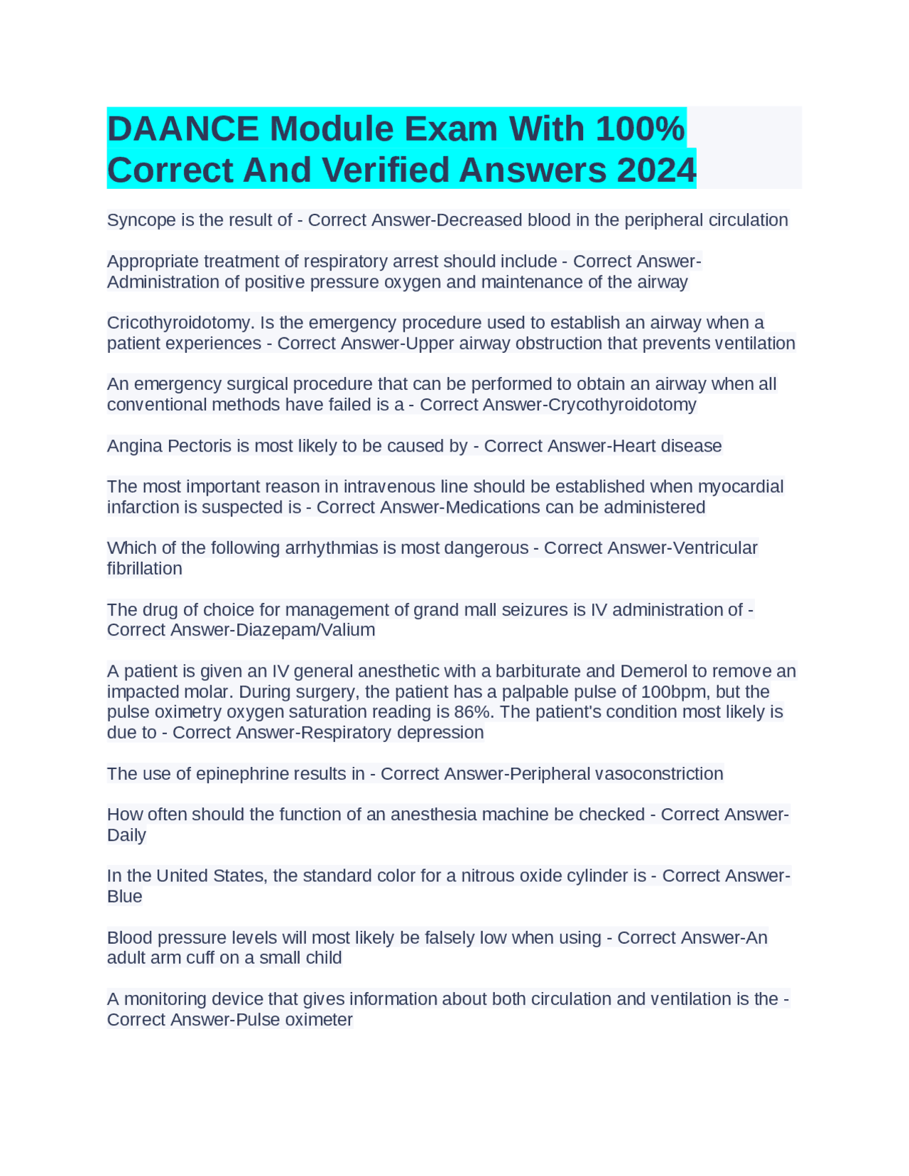 DAANCE Module Exam: Questions and Answers on Medical Procedures | Exams ...