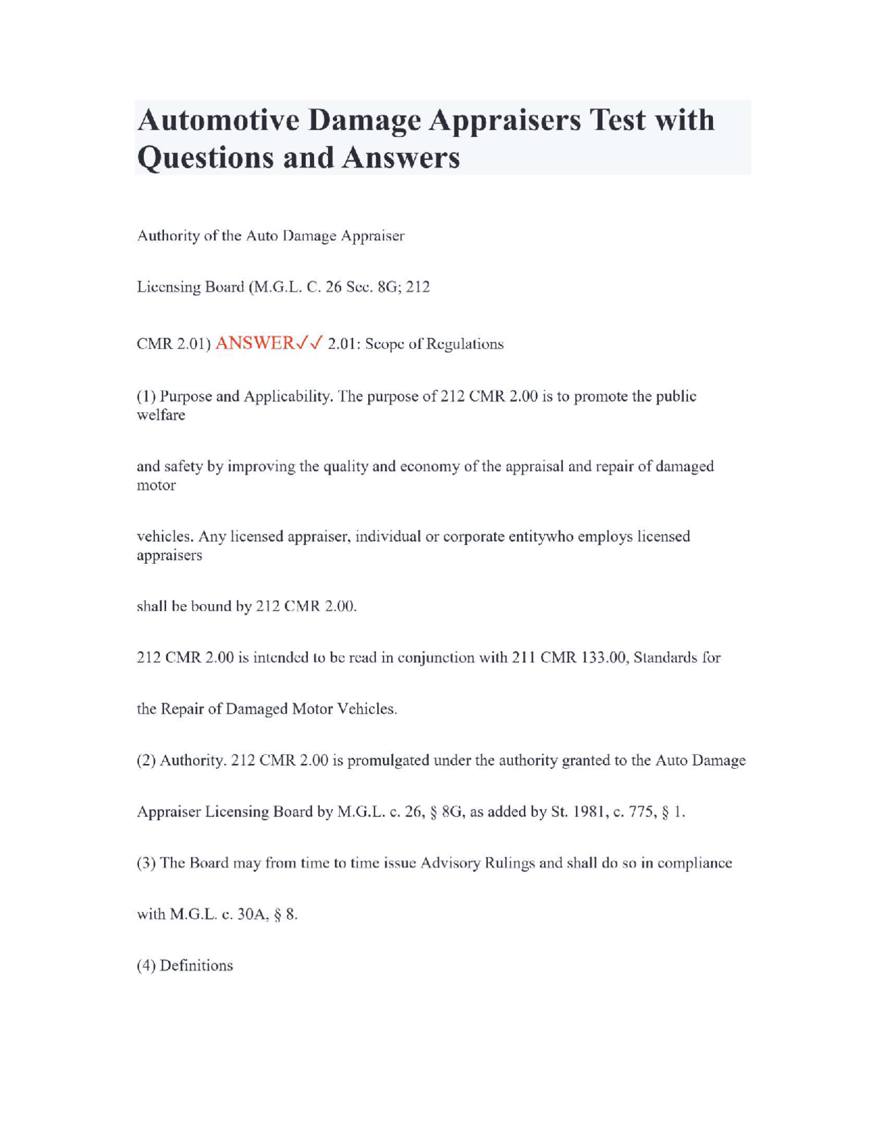 Automotive Damage Appraisers Test with Questions and Answers | Exams ...