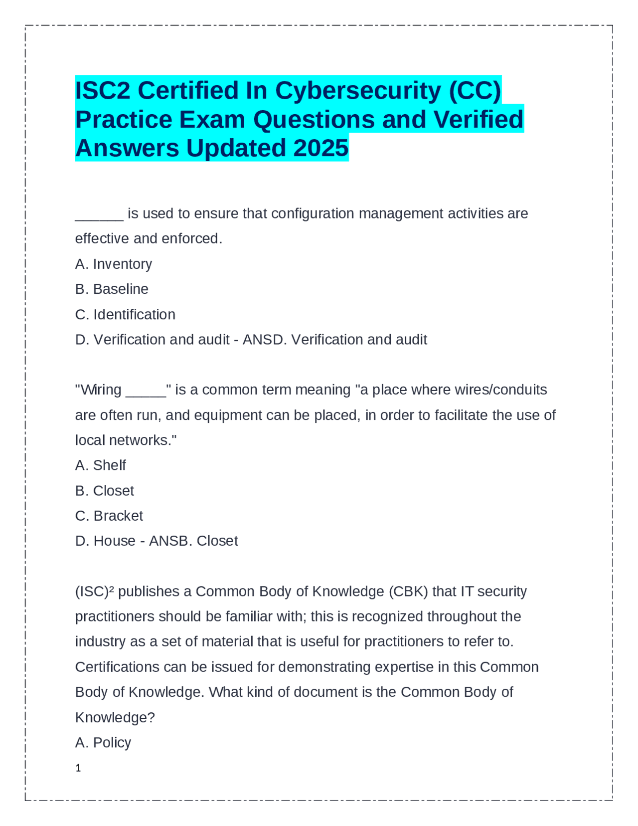 ISC2 Certified In Cybersecurity (CC) Practice Exam Questions and ...