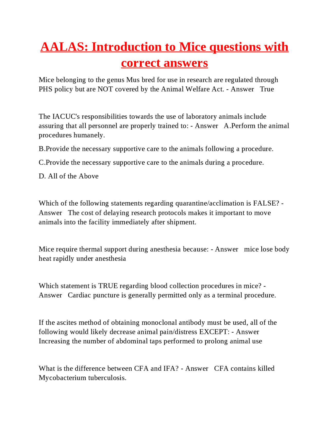 AALAS: Introduction to Mice - Questions and Answers | Exams Veterinary ...