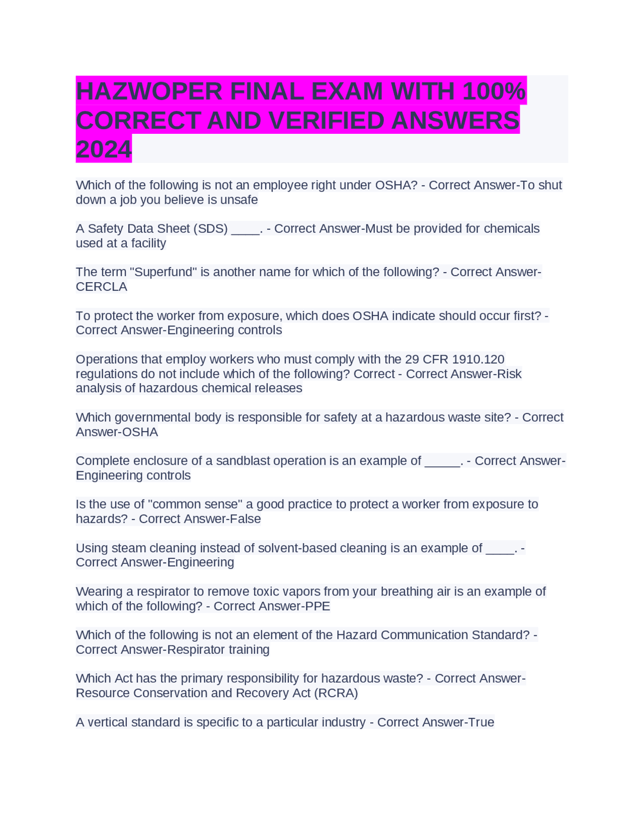 HAZWOPER FINAL EXAM WITH 100% CORRECT AND VERIFIED ANSWERS 2024 | Exams ...