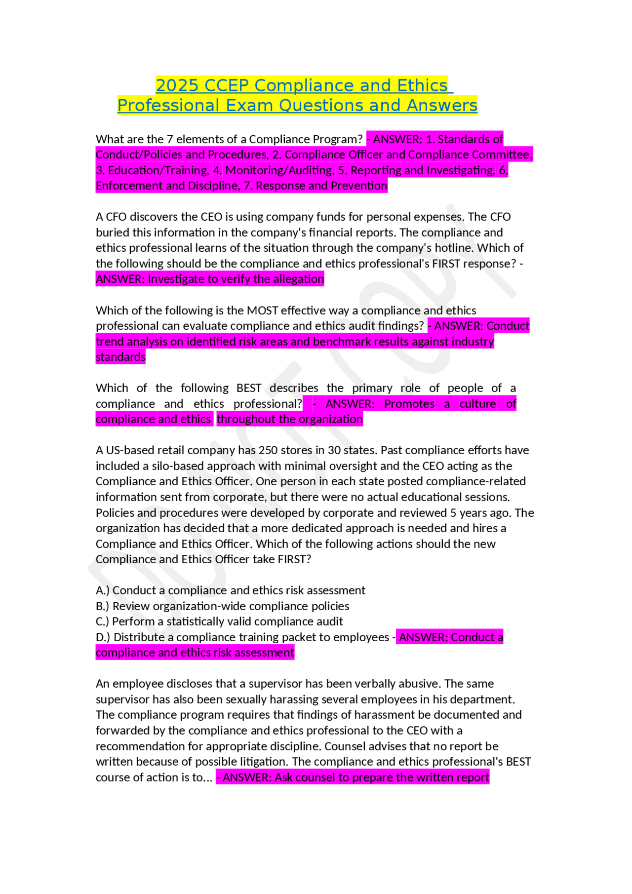 2025 CCEP Compliance and Ethics Professional Exam Questions and Answers ...