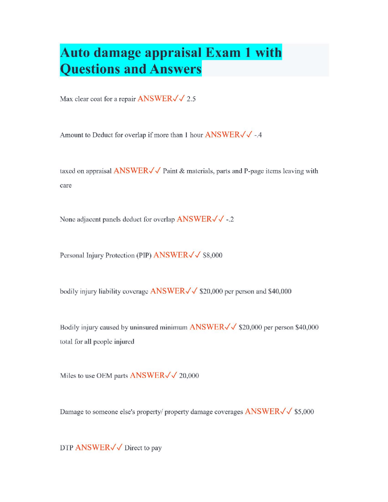 Auto damage appraisal Exam 1 with Questions and Answers | Exams ...