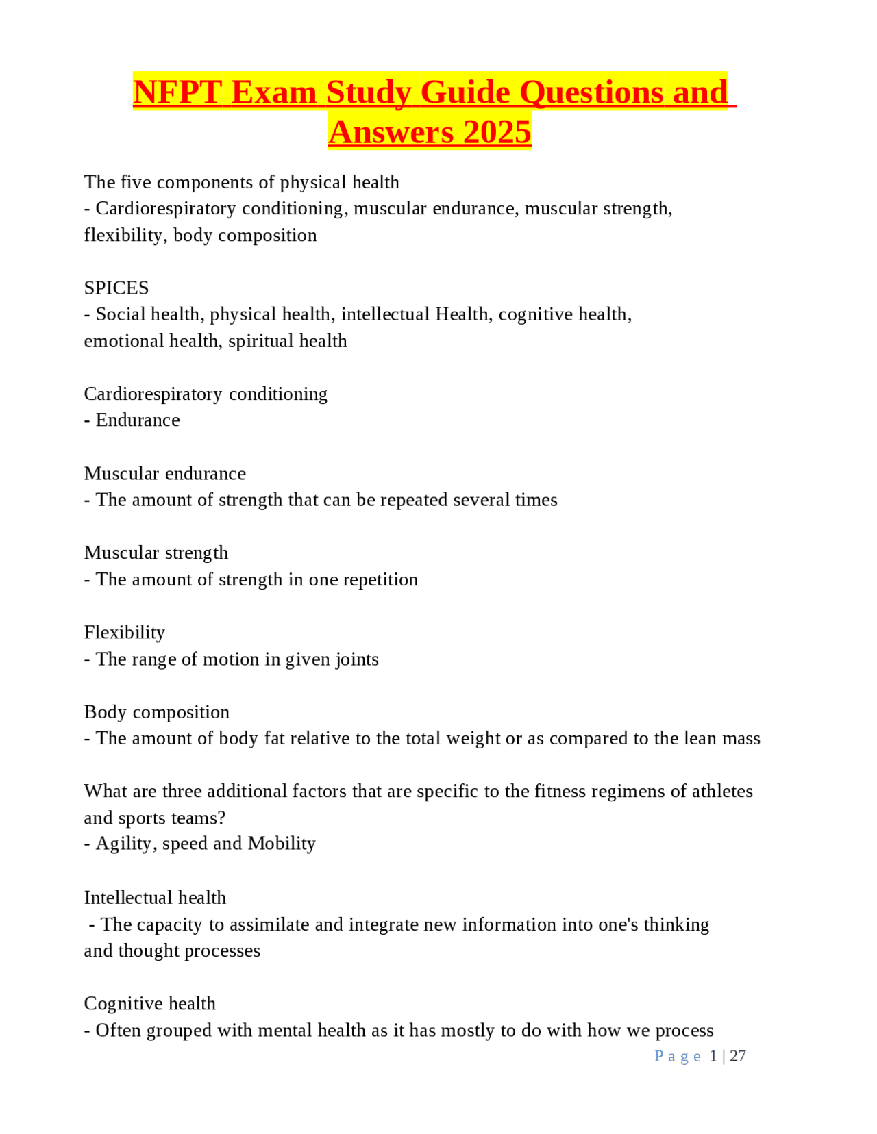 NFPT Exam Study Guide: Questions and Answers 2025 | Exams Nursing | Docsity