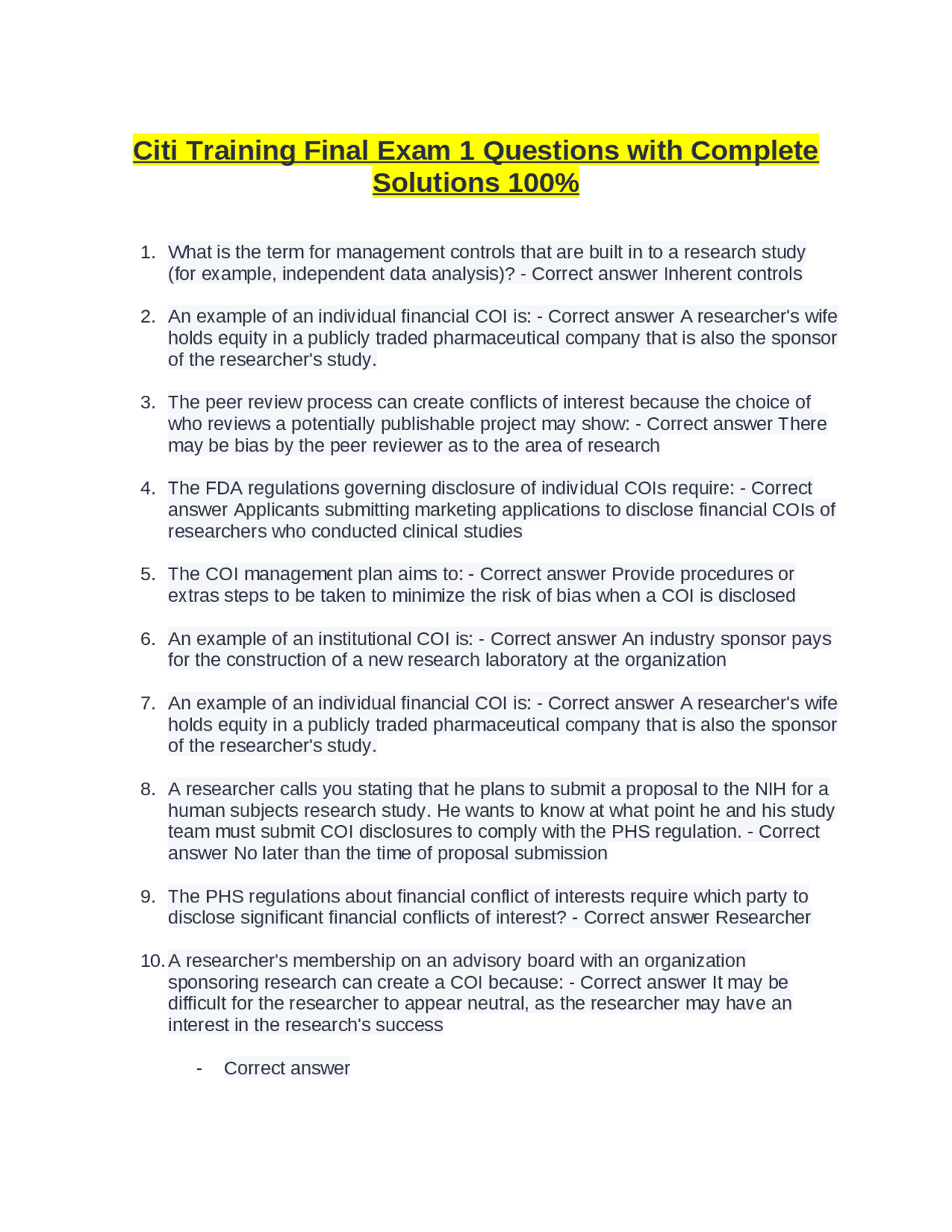 Citi Training Final Exam 1 Questions with Complete Solutions 100% ...