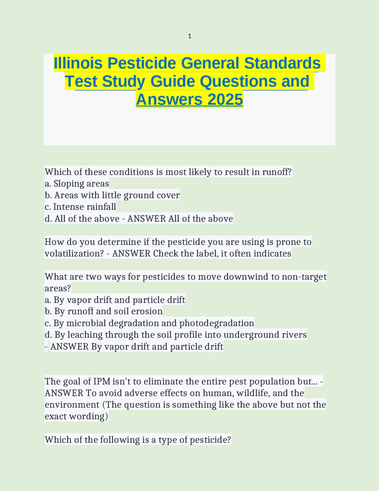Illinois Pesticide General Standards Test Study Guide Questions and ...