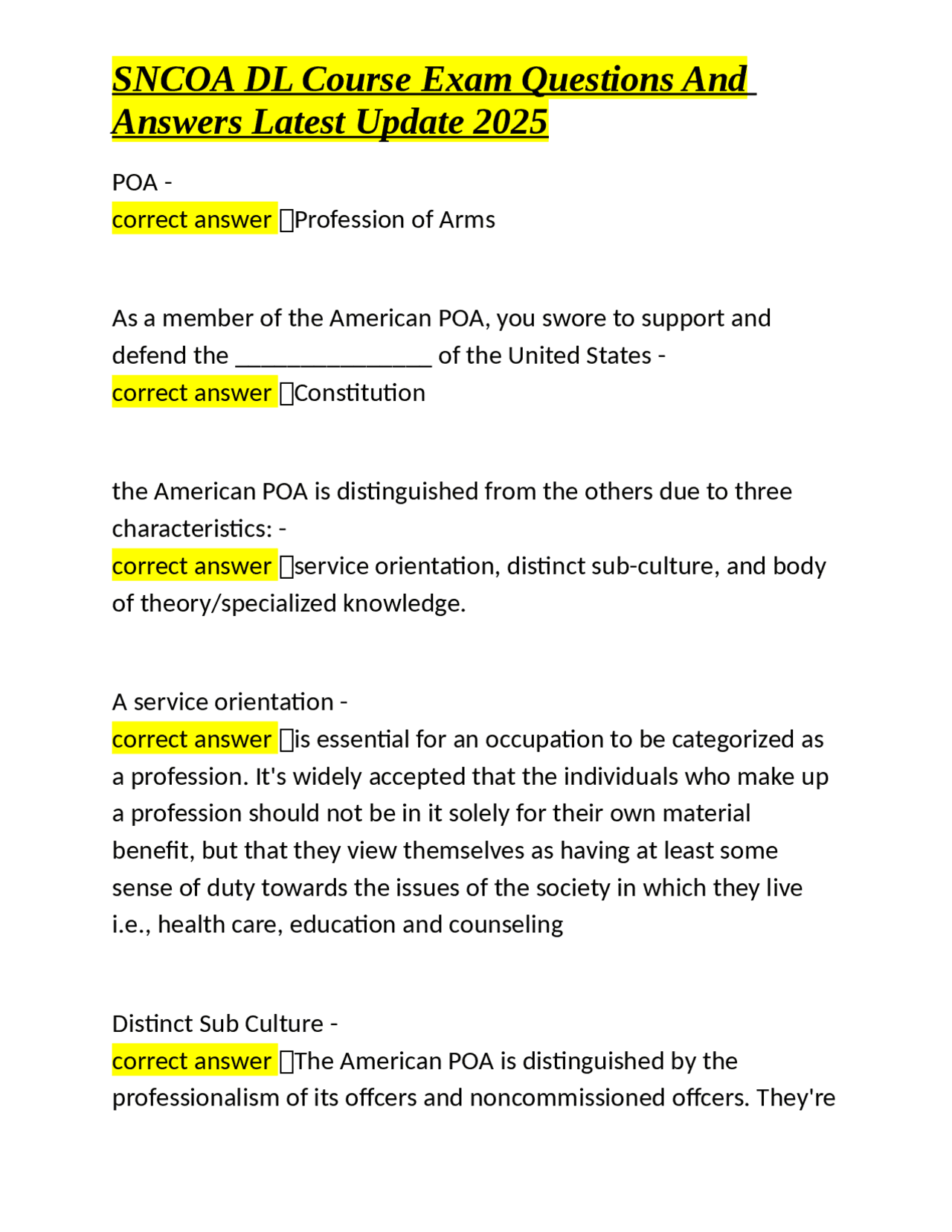 SNCOA DL Course Exam Questions And Answers Latest Update 2025 | Exams ...