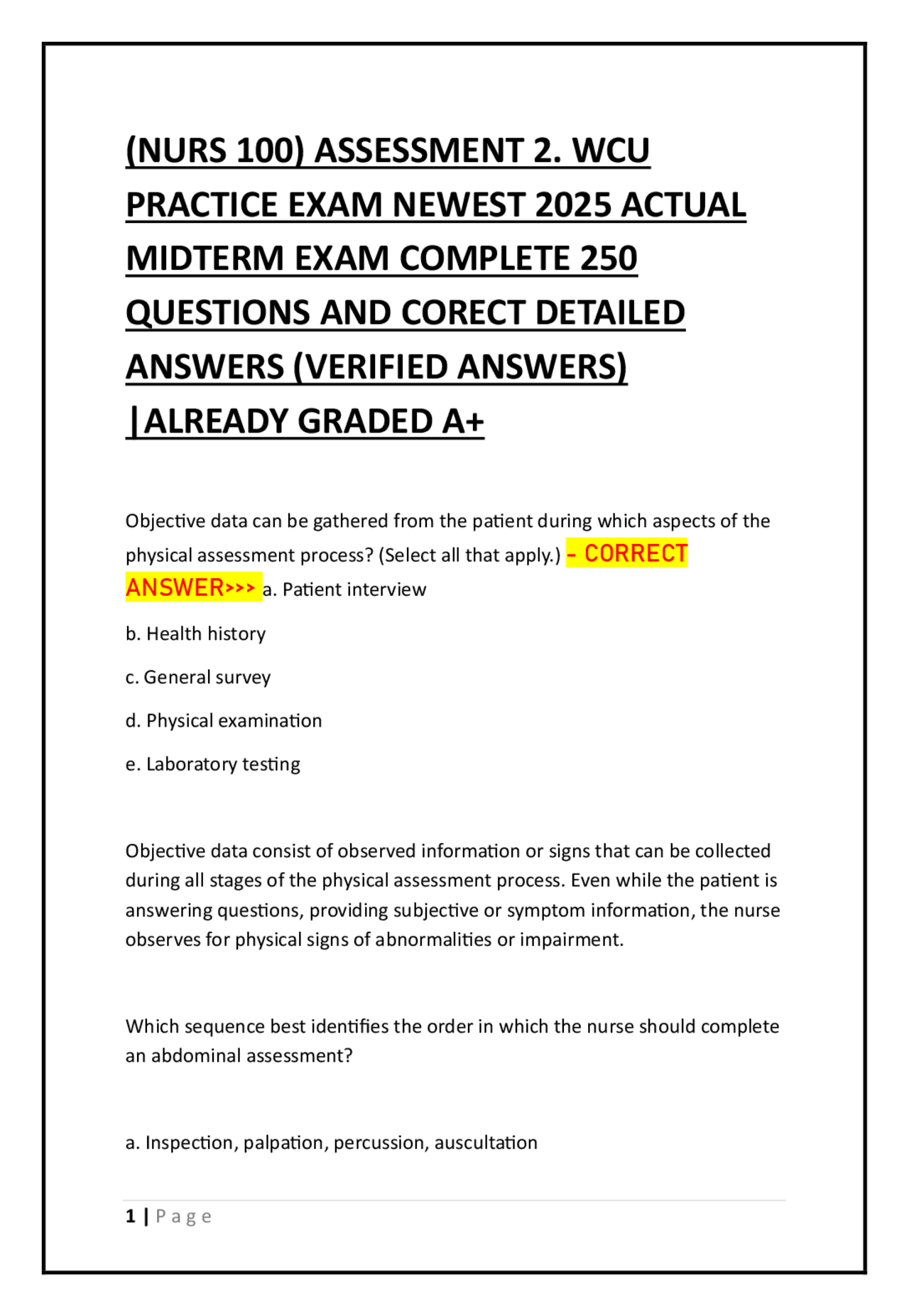 (NURS 100) ASSESSMENT 2. WCU PRACTICE EXAM NEWEST 2025 ACTUAL MIDTERM EXAM | Exams Nursing | Docsity