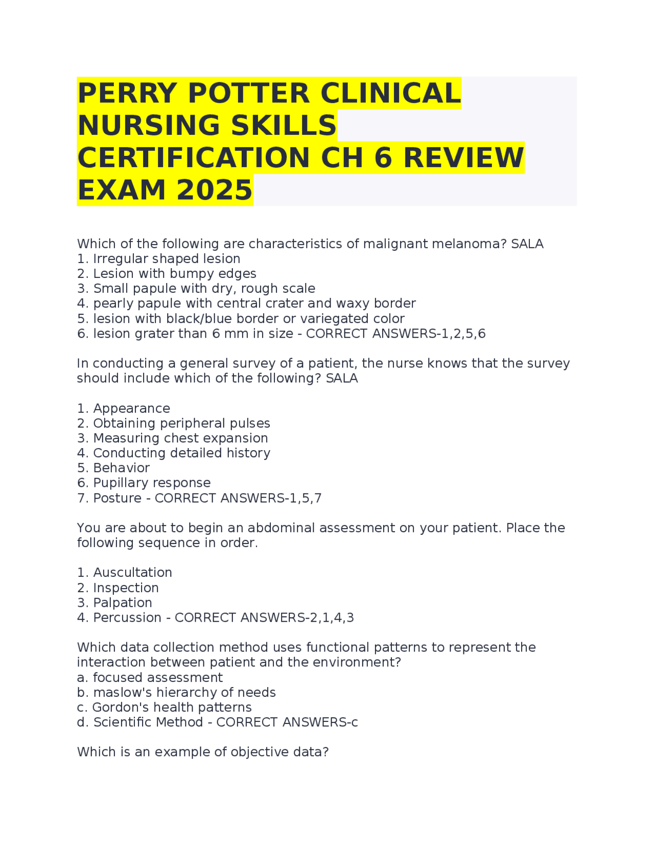 PERRY POTTER CLINICAL NURSING SKILLS CERTIFICATION CH 6 REVIEW EXAM ...