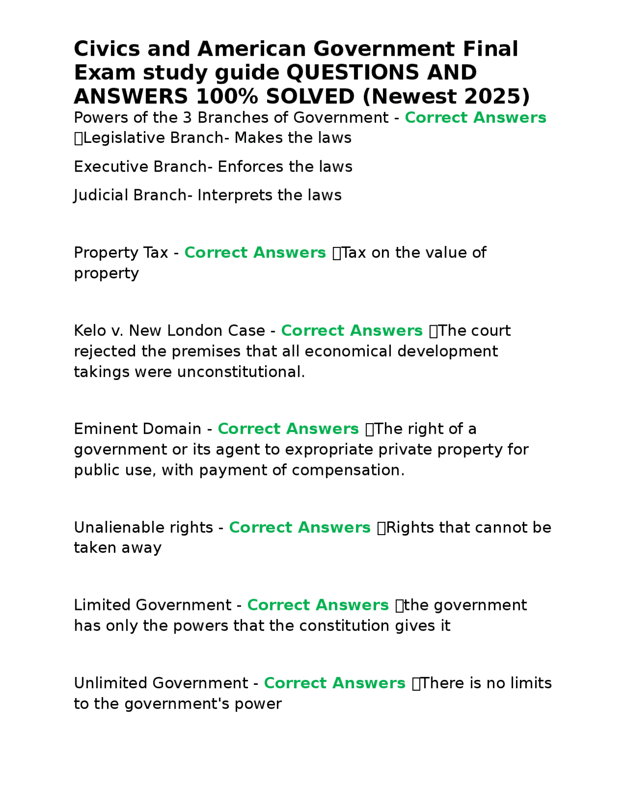 Civics and American Government Final Exam Study Guide: Questions and ...