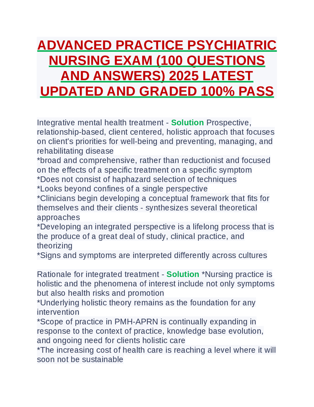ADVANCED PRACTICE PSYCHIATRIC NURSING EXAM (100 QUESTIONS AND ANSWERS ...