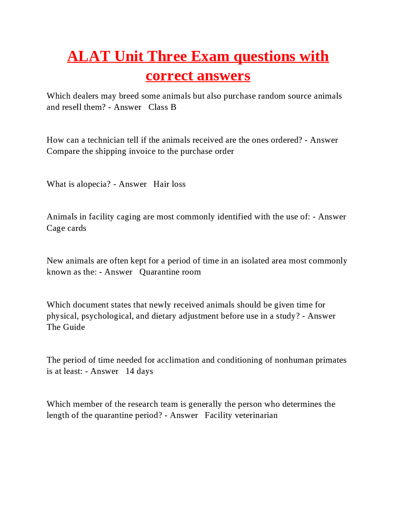 ALAT Unit Three Exam Questions and Answers: Animal Care and Handling ...