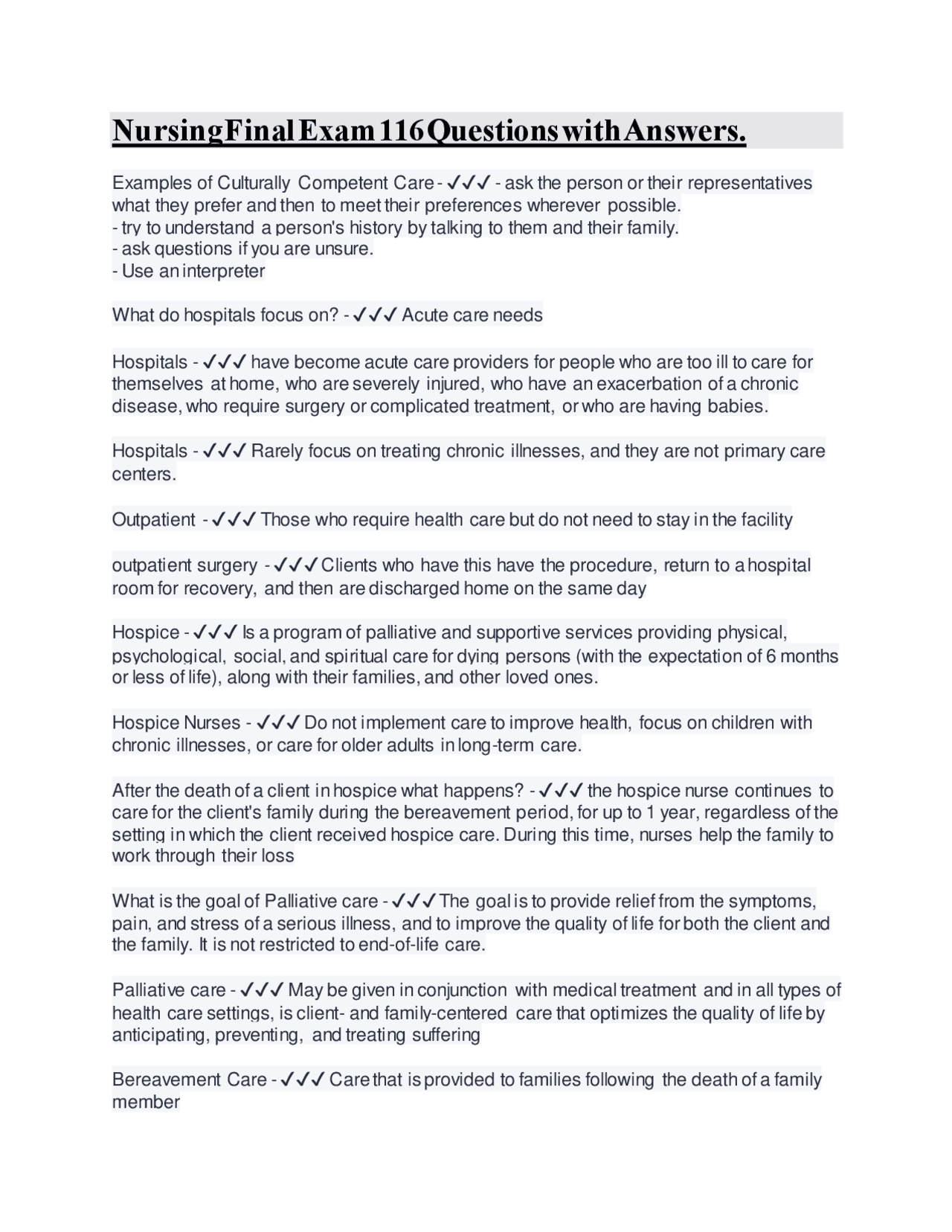 Nursing Final Exam Review: 116 Questions and Answers | Exams Nursing ...
