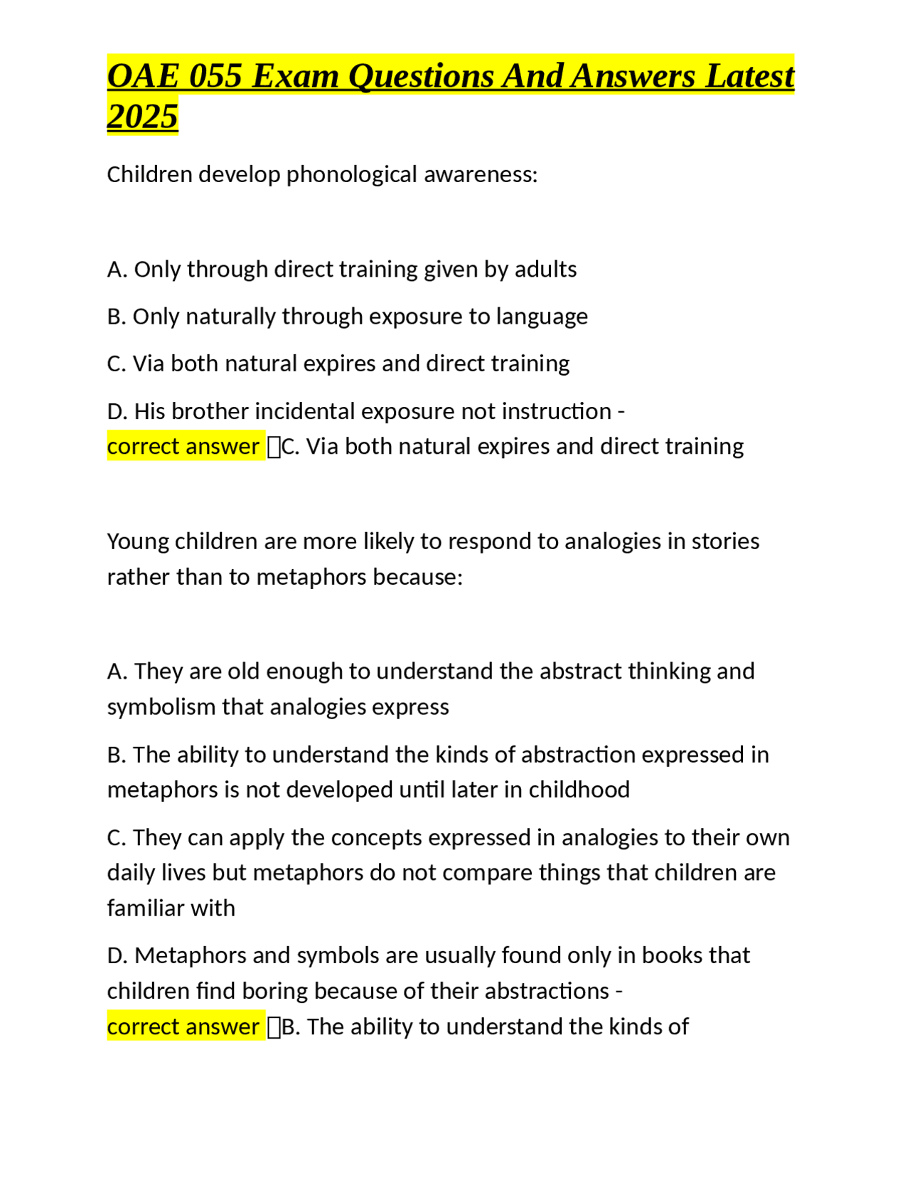 OAE 055 Exam Questions and Answers: Early Childhood Literacy ...
