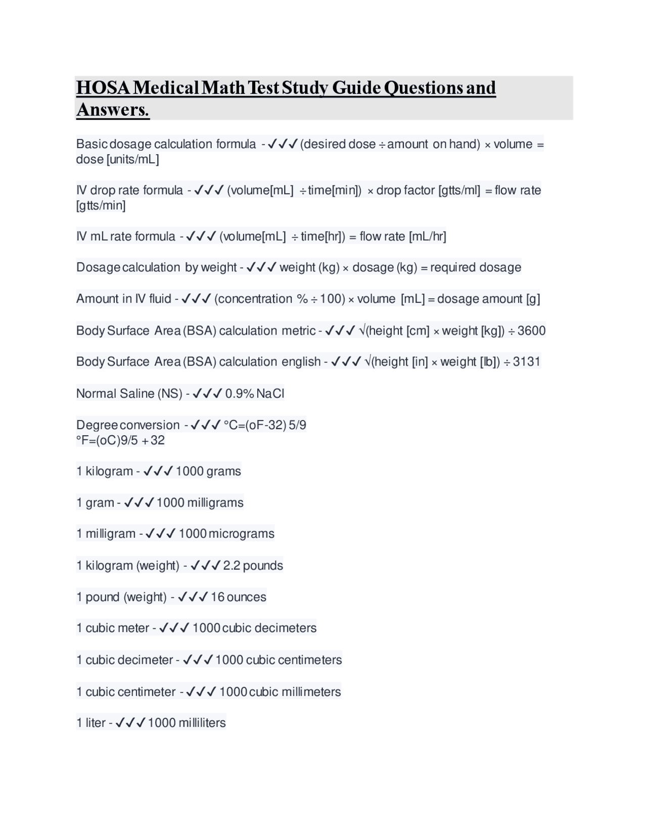 HOSA Medical Math Test Study Guide Questions and Answers. | Exams ...