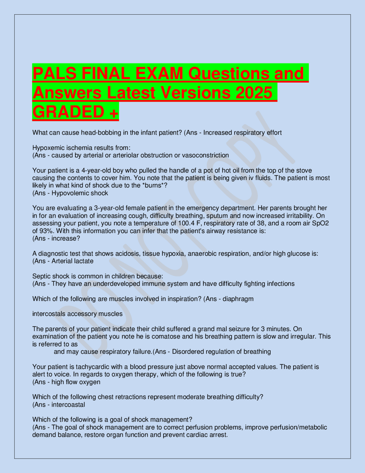 PALS Exam Review: Comprehensive Questions and Answers | Exams Nursing ...