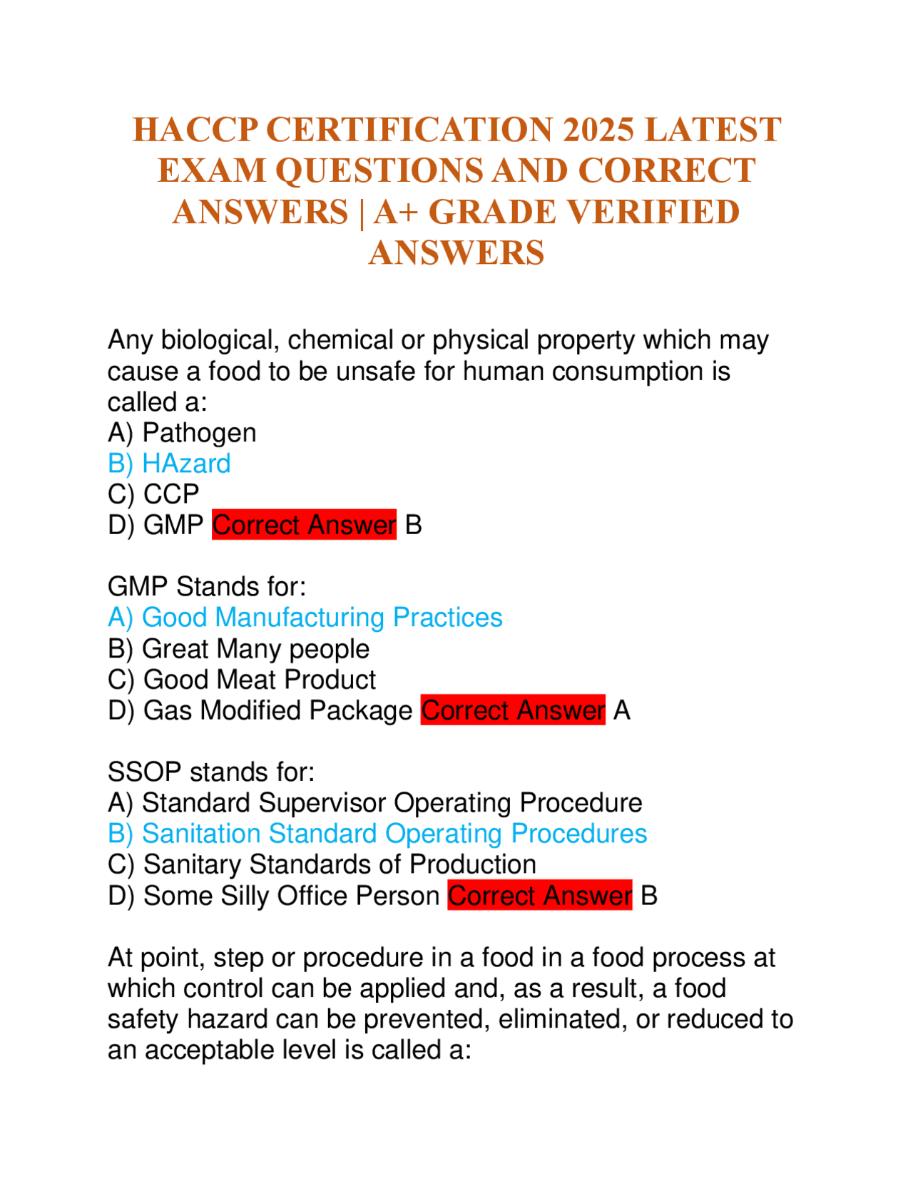 HACCP Certification Exam Questions and Answers | Exams Nursing | Docsity