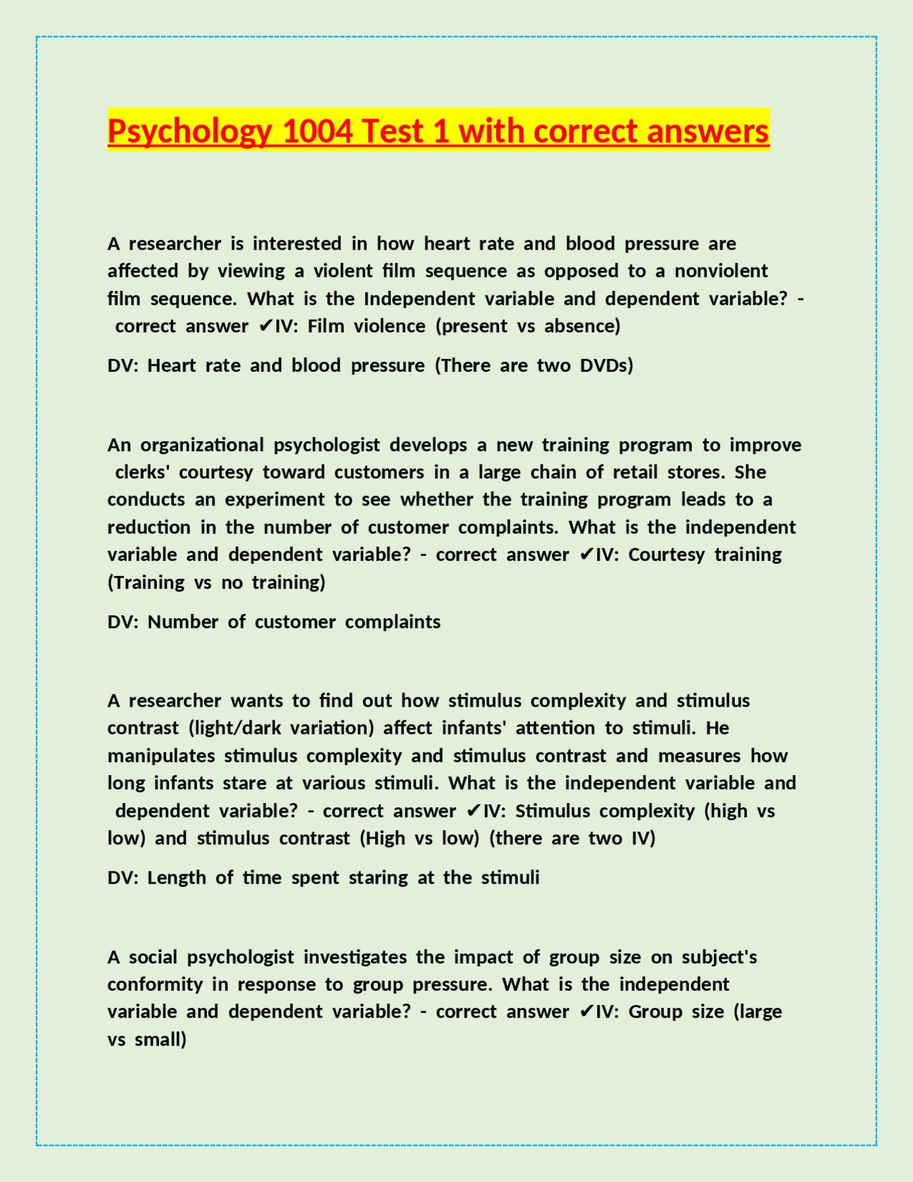 Psychology 1004 Test 1 With Correct Answers Exams Psychology Docsity