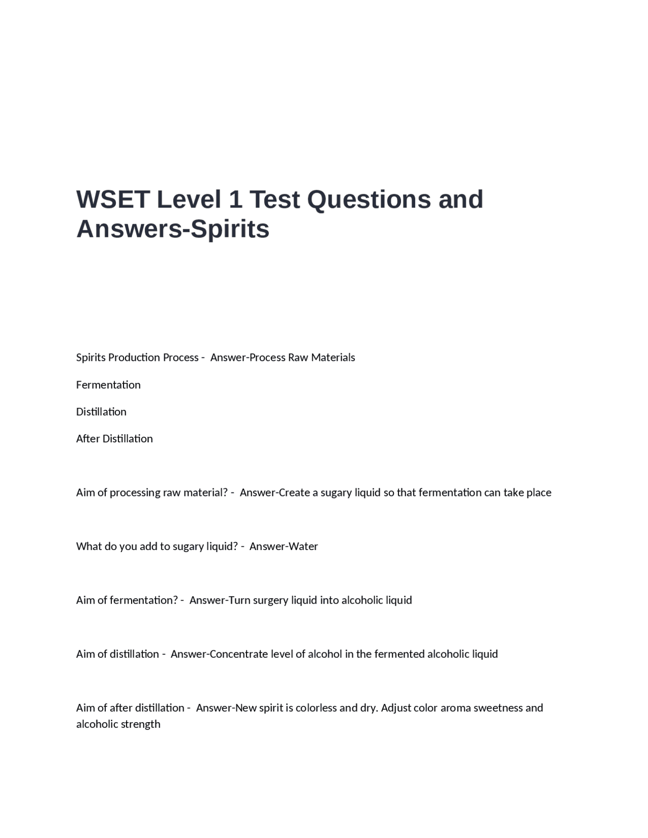 WSET Level 1 Test Questions and Answers - Spirits | Exams Nursing | Docsity