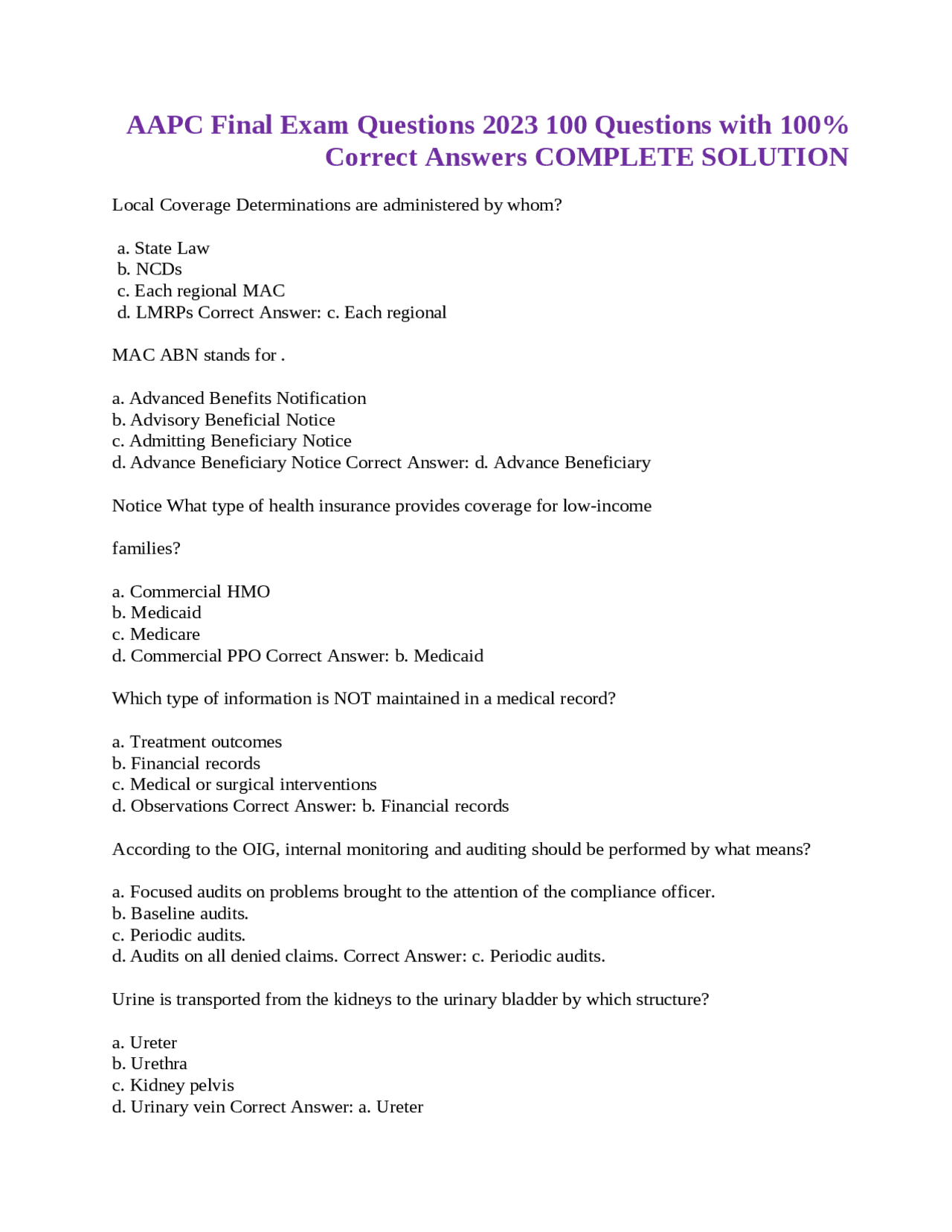 AAPC Final Exam Questions 2025 100 Questions with 100% Correct Answers COMPLETE SOLUTION | Exams ...