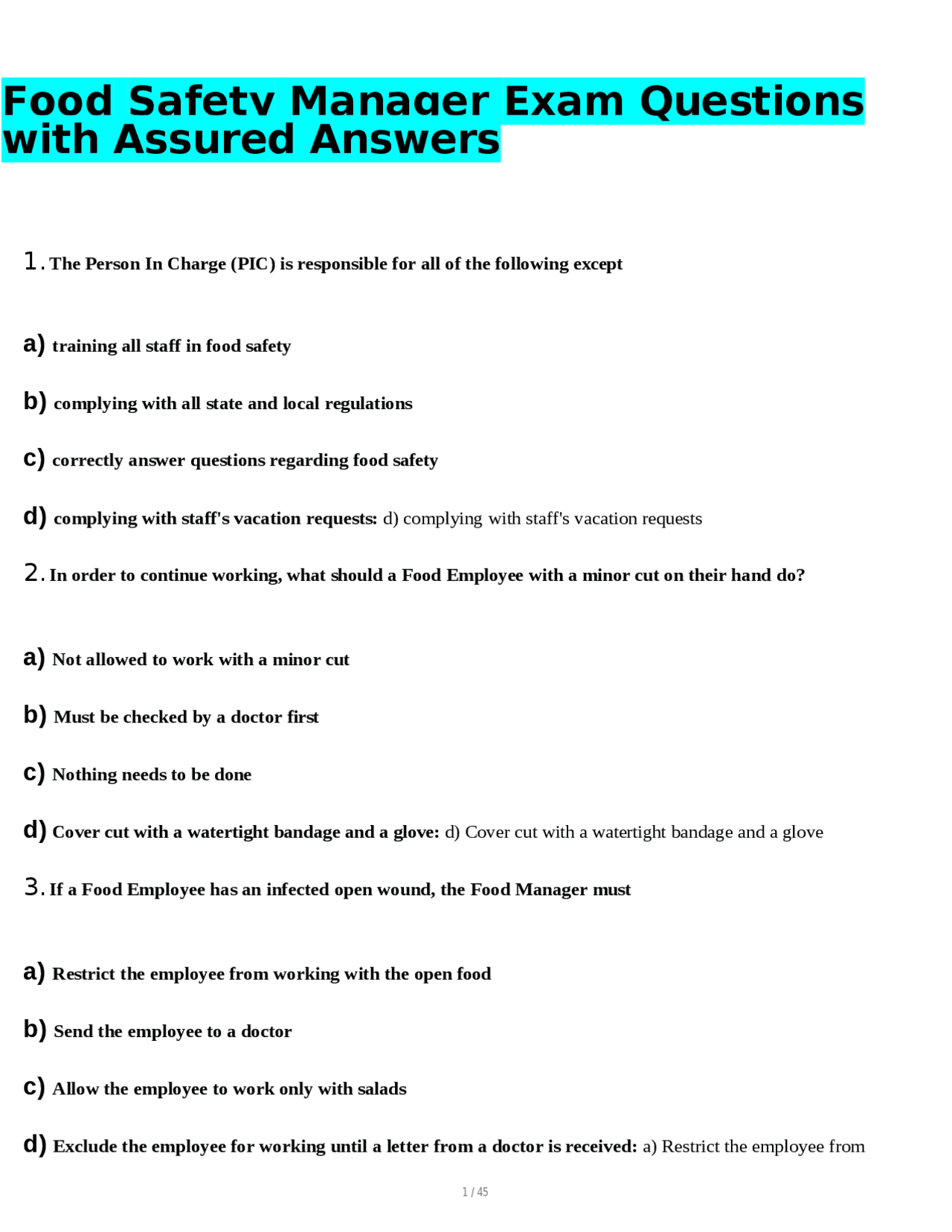Food Safety Manager Exam Questions with Assured Answers | Exams Food ...