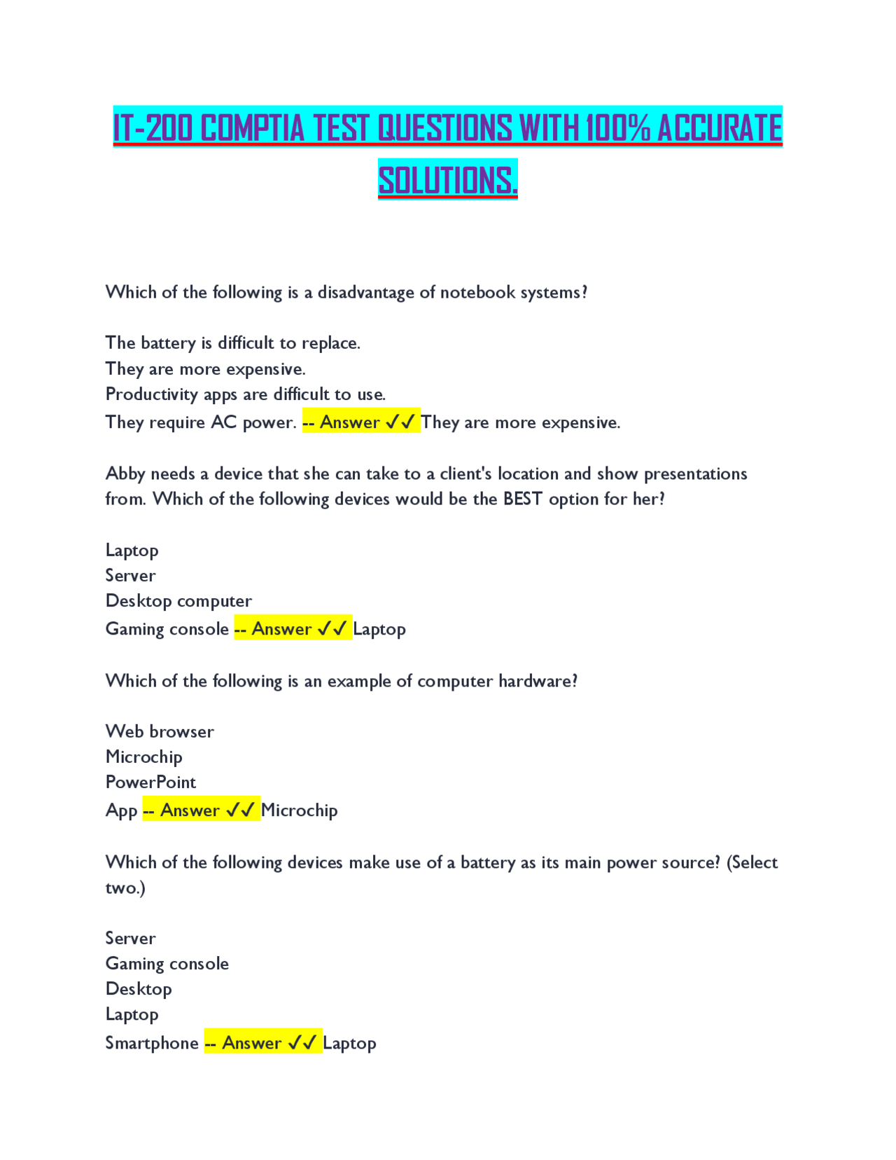 IT-200 CompTIA Test Questions and Answers: A Guide to Computer Hardware ...