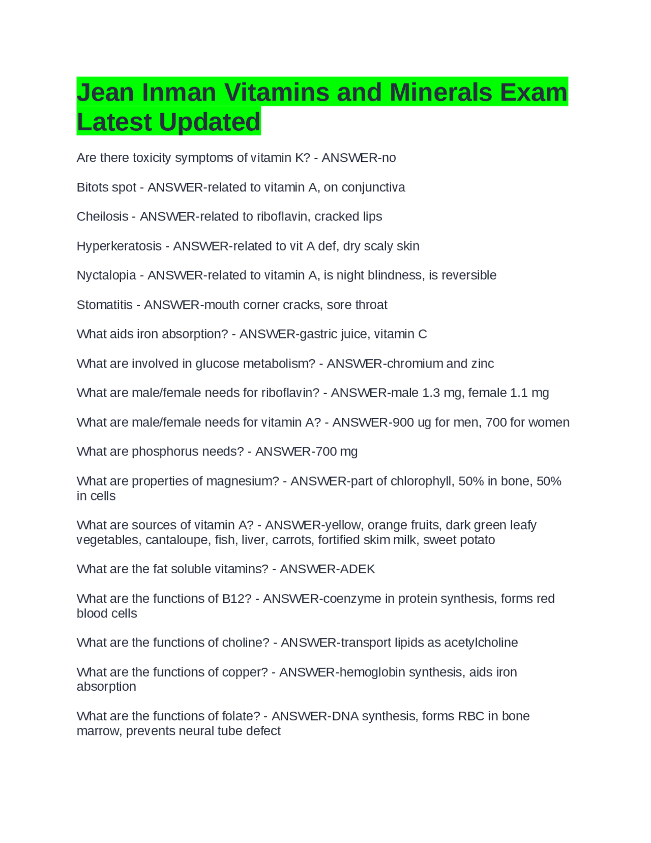 Vitamins and Minerals Exam: Questions and Answers | Exams Advanced ...