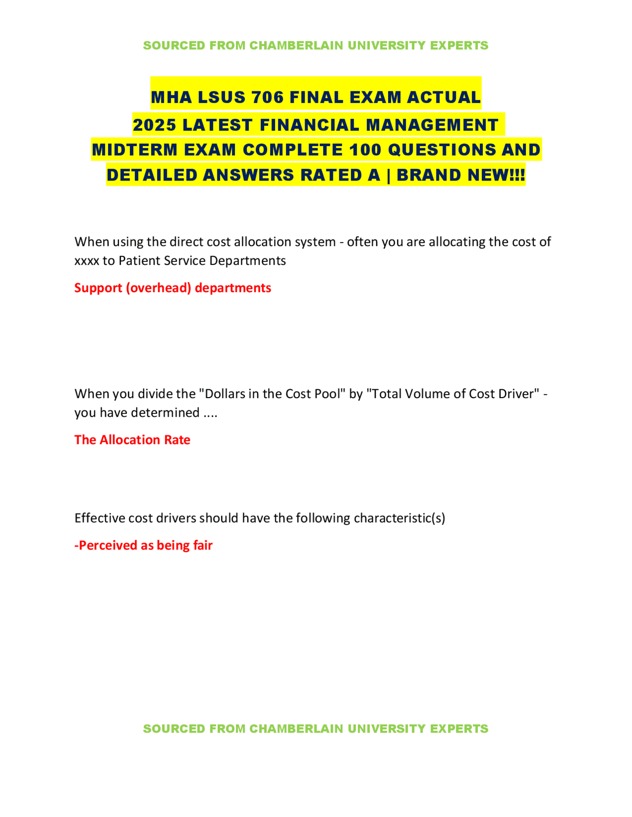 MHA LSUS 706 FINAL EXAM ACTUAL 2025 LATEST FINANCIAL MANAGEMENT MIDTERM ...