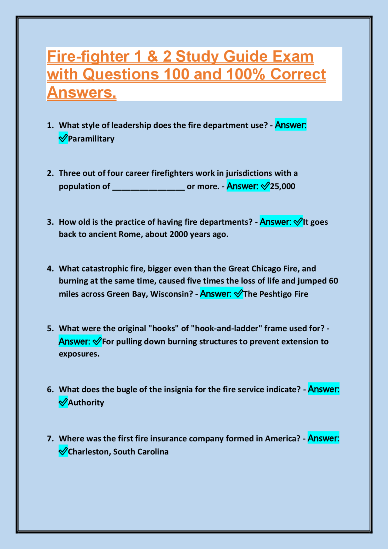 Firefighter 1 & 2 Study Guide Exam with Questions and Answers | Exams Safety and Fire ...