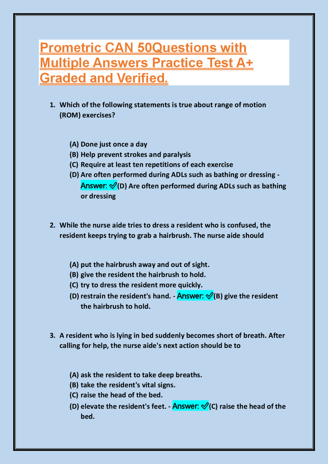 Prometric CAN 50 Questions with Multiple Answers Practice Test A+ ...