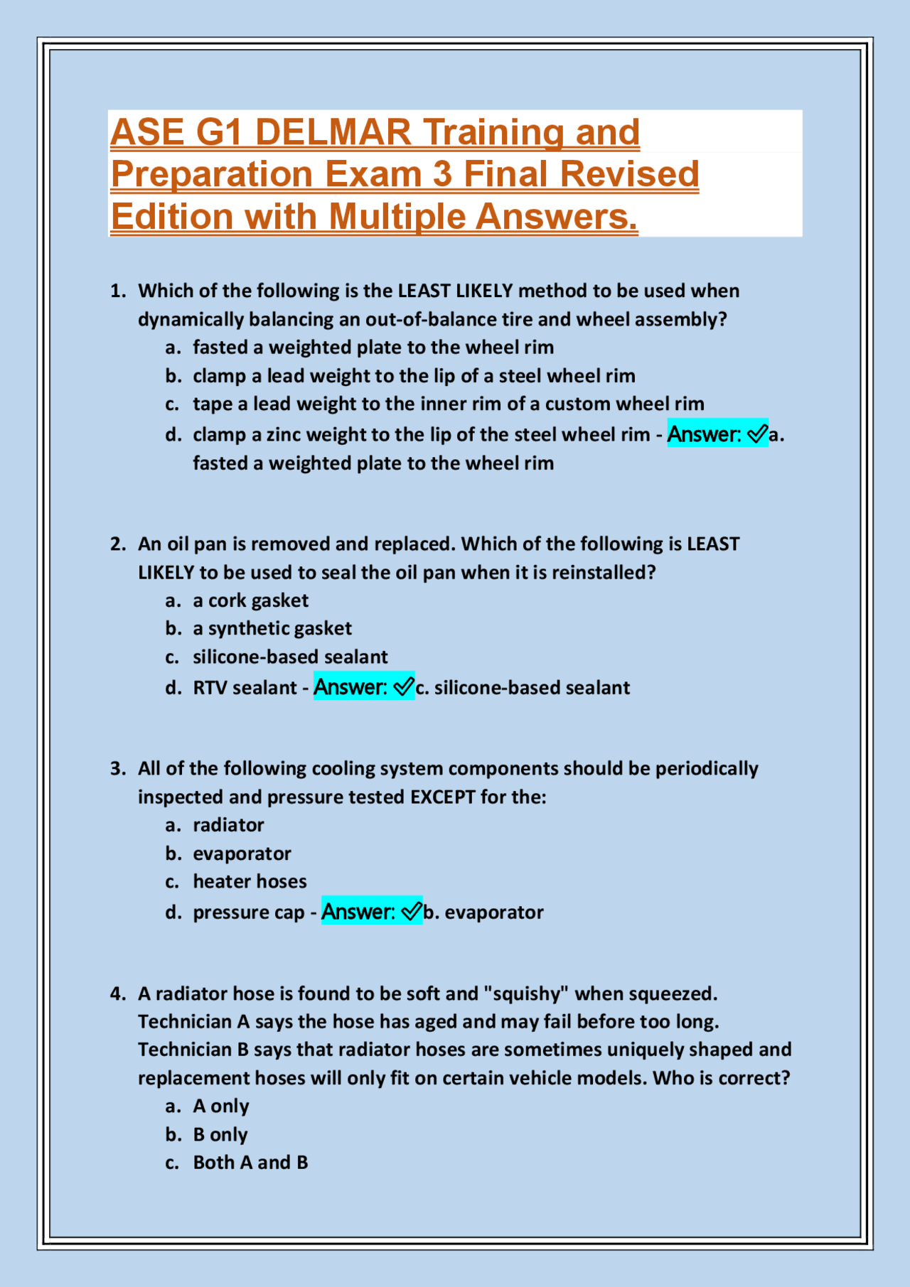 ASE G1 DELMAR Exam 3: Automotive Technology Multiple Choice | Exams ...