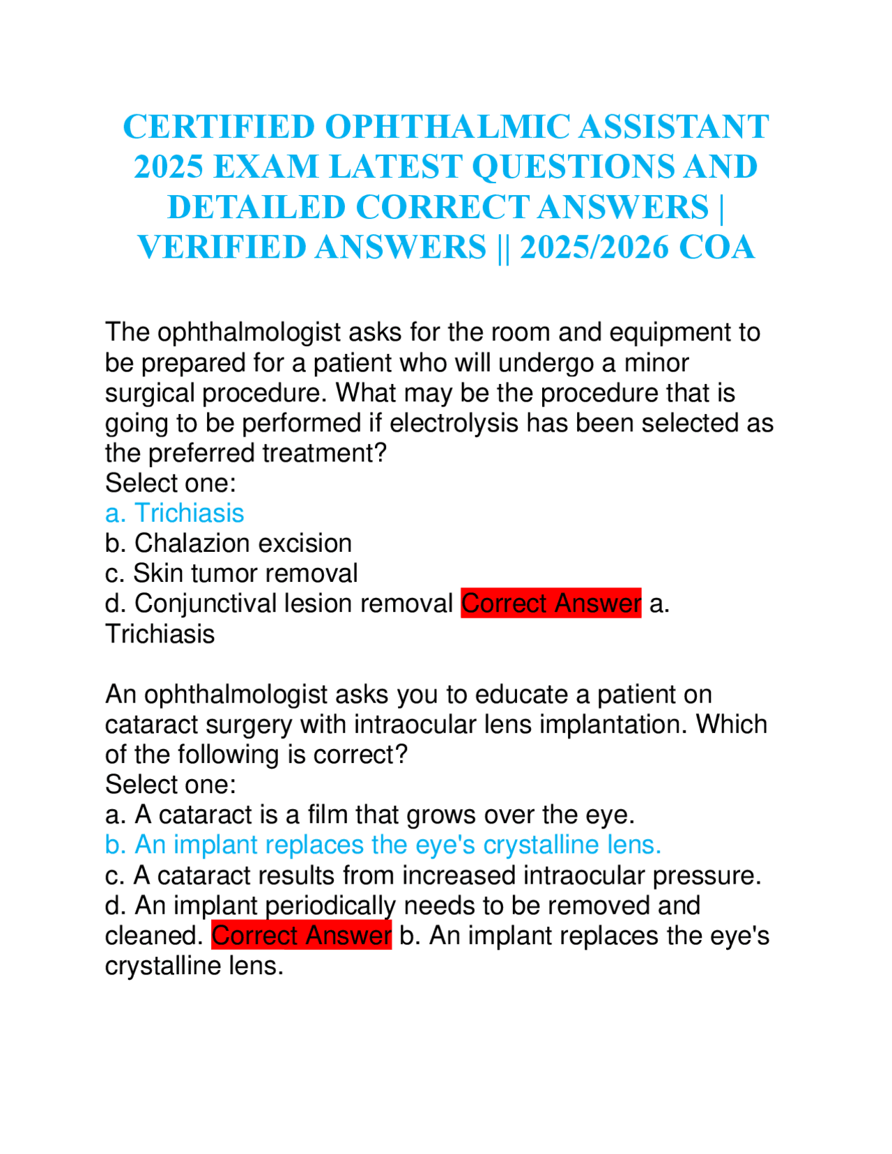 CERTIFIED OPHTHALMIC ASSISTANT 2025 EXAM LATEST QUESTIONS AND DETAILED ...