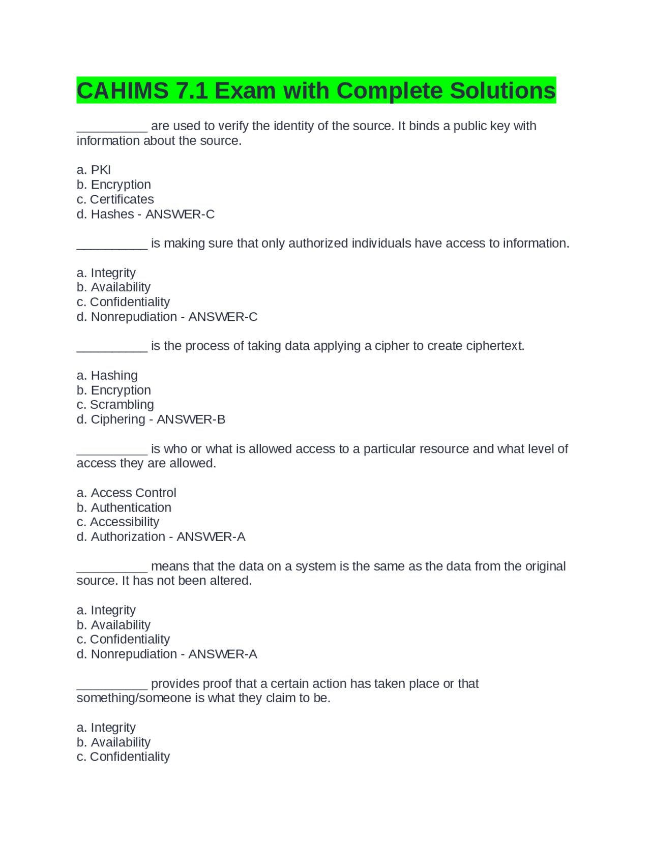 HIPAA and Security: Multiple Choice Questions and Answers | Exams ...