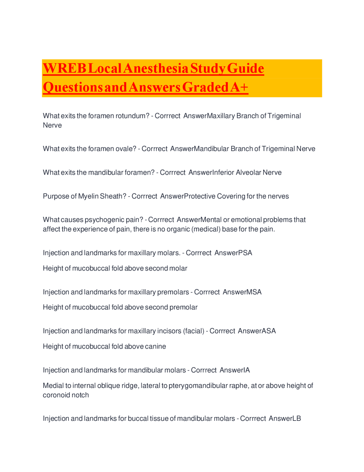 WREB Local Anesthesia Study Guide: Questions and Answers | Exams ...